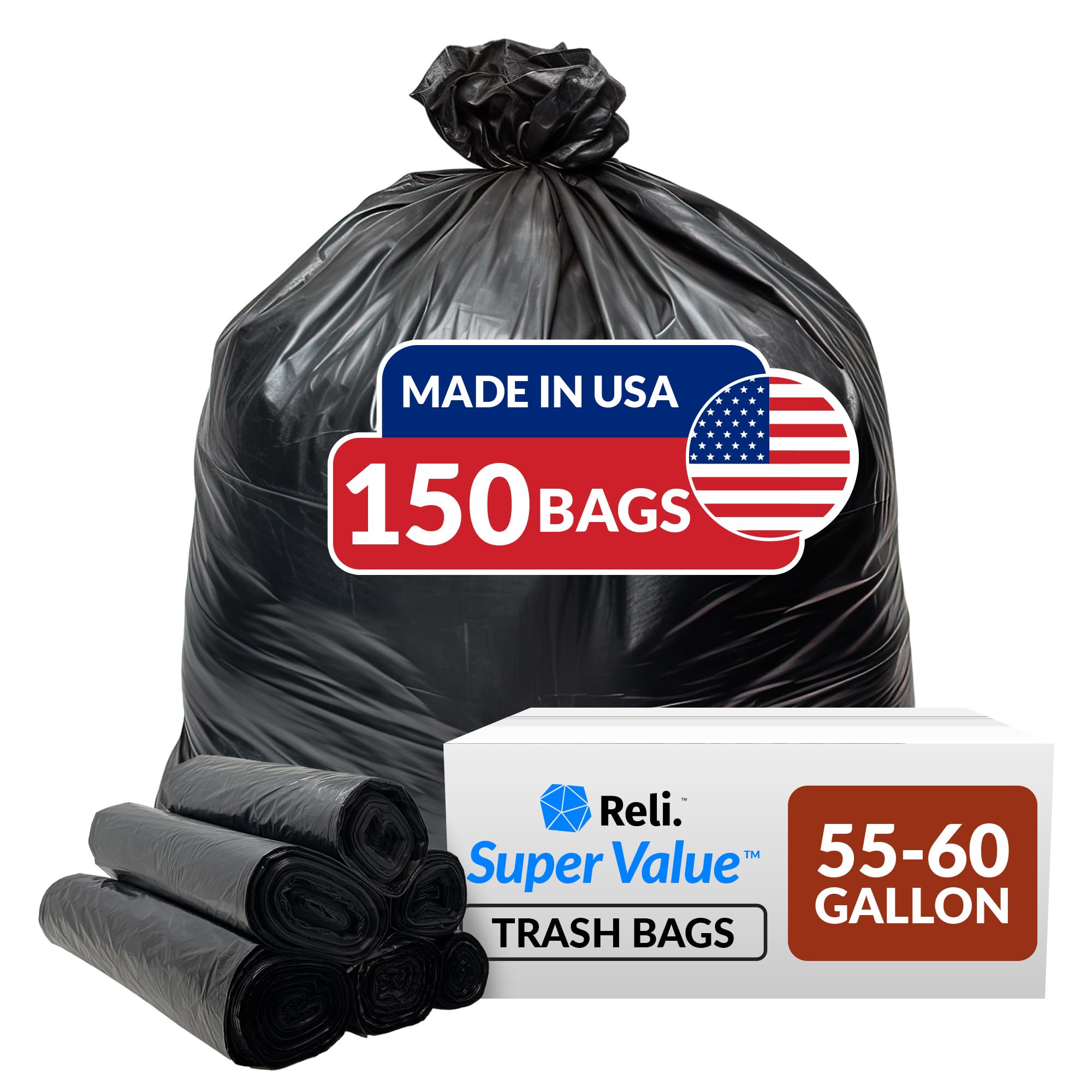 Reli. Easy Grab Trash Bags, 55-60 Gallon (150 Count), Made in USA | Star Seal Super High Density Rolls (Heavy Duty Can Liners, Garbage Bags, Bulk Contractor Bags 50, 55, 60 Gallon Capacity) - Black