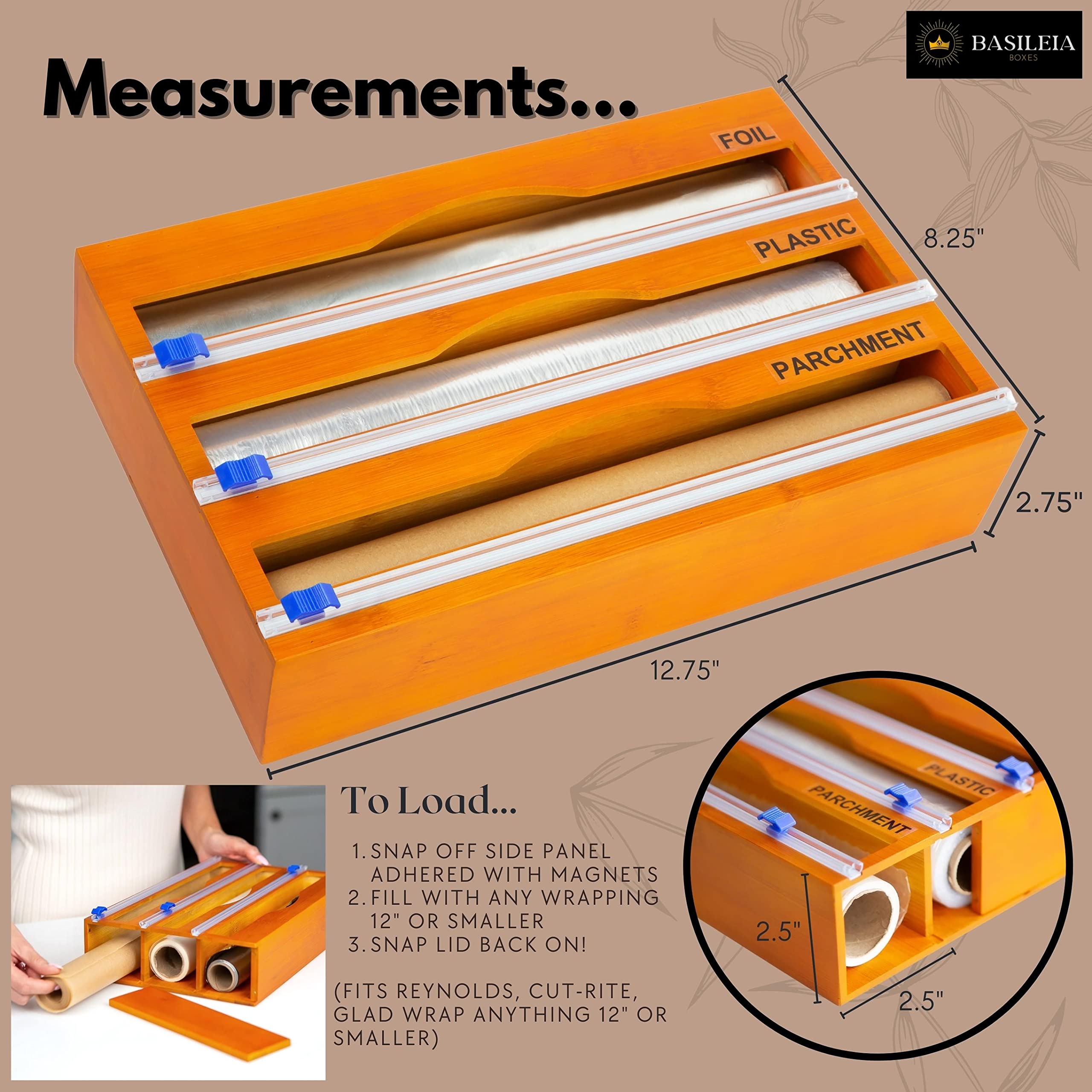 BASILEIA 3 in 1 Plastic Wrap Dispenser with Cutter - Bamboo Foil Organizer with 2 Extra Cutters & 24 Label for Cling Wrap, Aluminum Foil, Wax & Parchment Paper-Rolls up to 12"