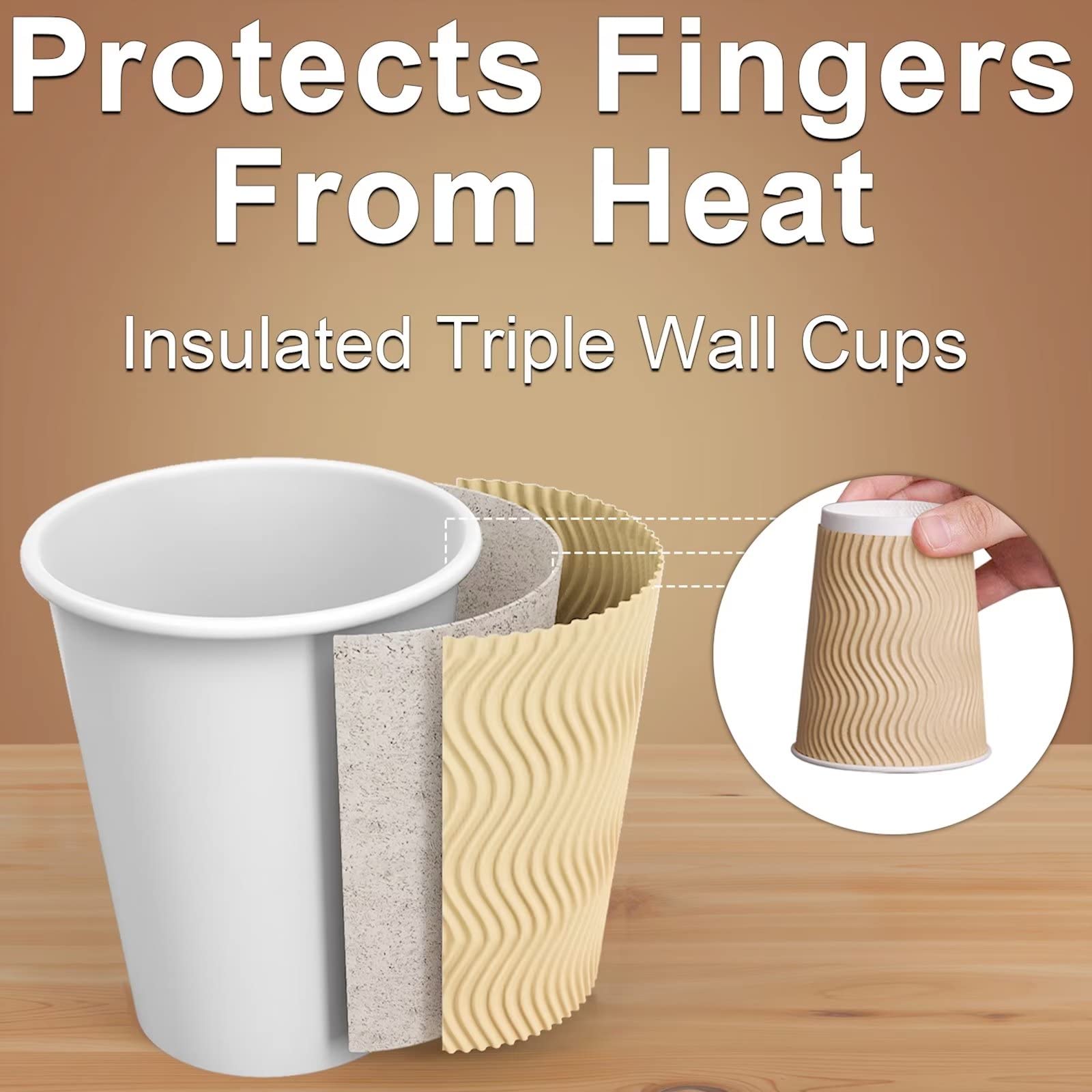 Luckypack Hot Paper Cups_12 oz Disposable Insulated Corrugated Sleeve Ripple Wall Paper Cup for Drink,Hot Coffee Cups (100,12oz Cups) (Brown)