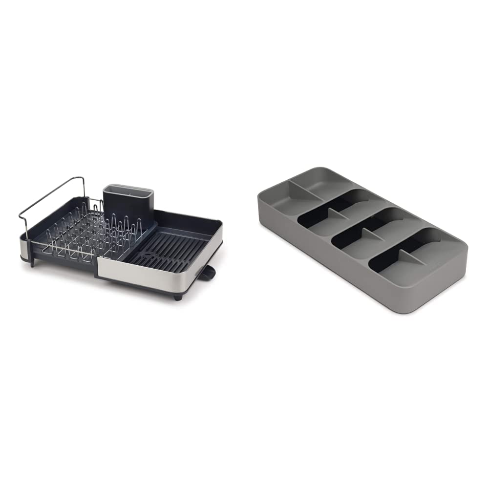 Joseph Joseph Stainless-Steel Extendable Dual Part Dish Rack Non-Scratch and Movable Cutlery Drainer and Drainage Spout, Gray & DrawerStore Compact Cutlery Organizer Kitchen Drawer Tray, Large, Gray