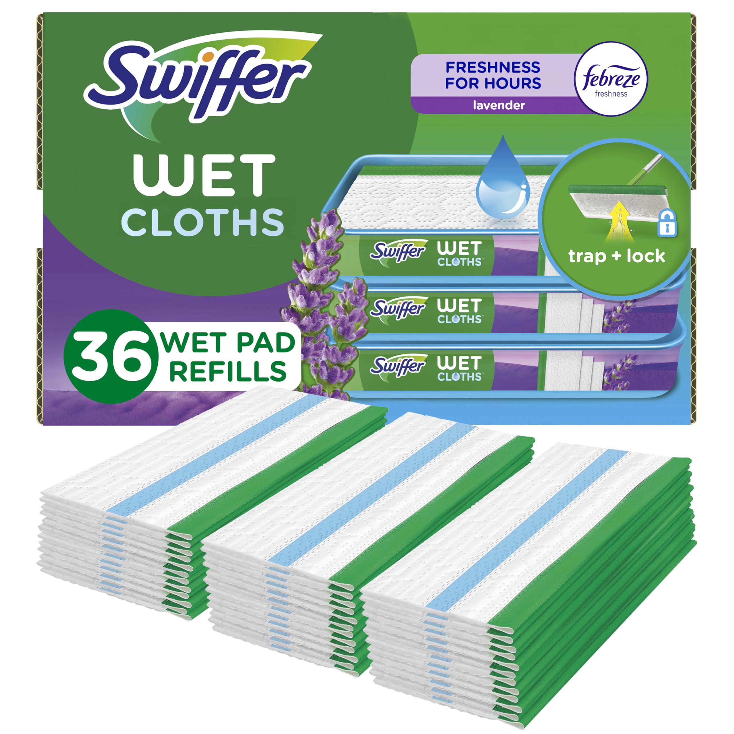 Swiffer Sweeper Wet Mopping Cloth Multi Surface Refills, Febreze Lavender Scent, 36 count