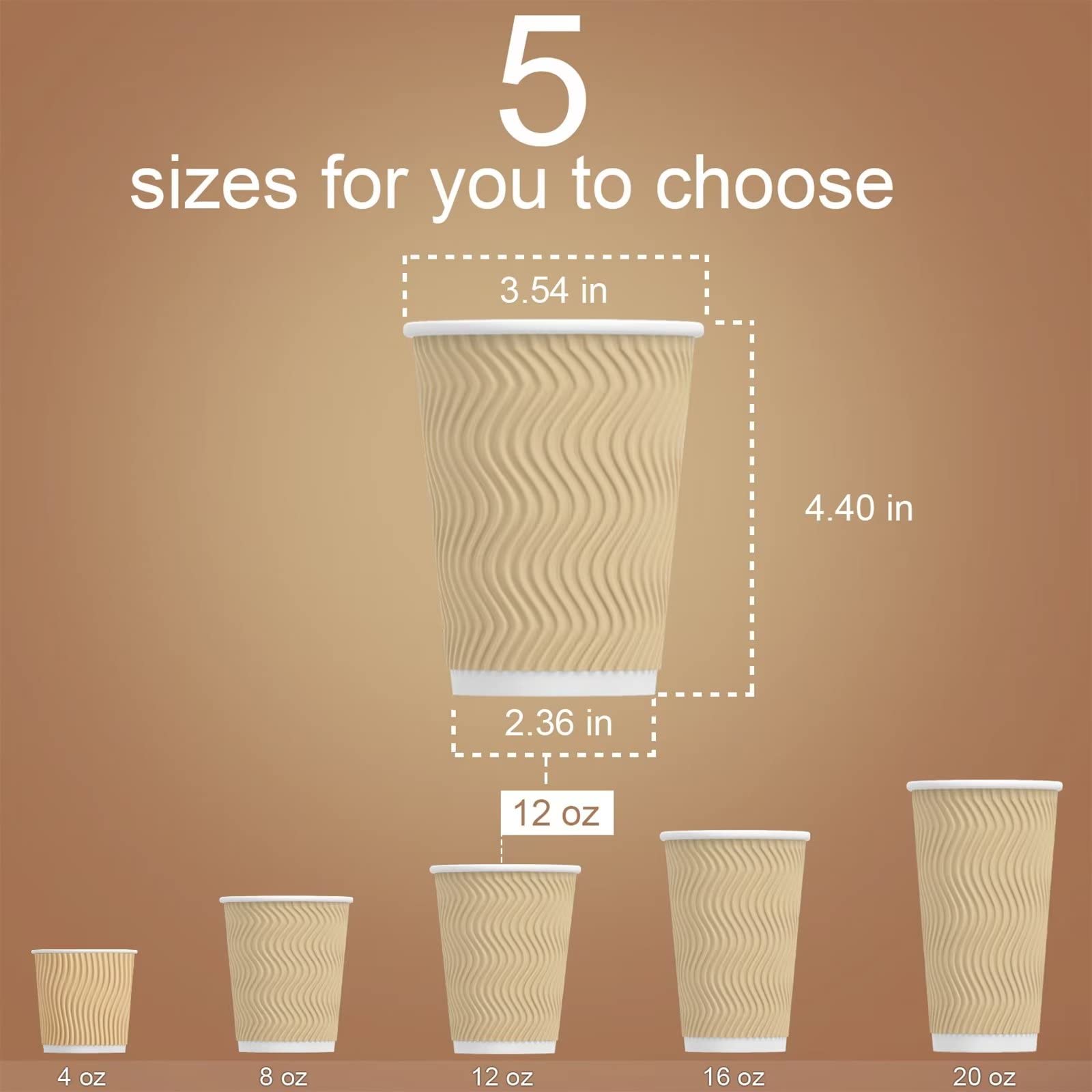 Luckypack Hot Paper Cups_12 oz Disposable Insulated Corrugated Sleeve Ripple Wall Paper Cup for Drink,Hot Coffee Cups (100,12oz Cups) (Brown)
