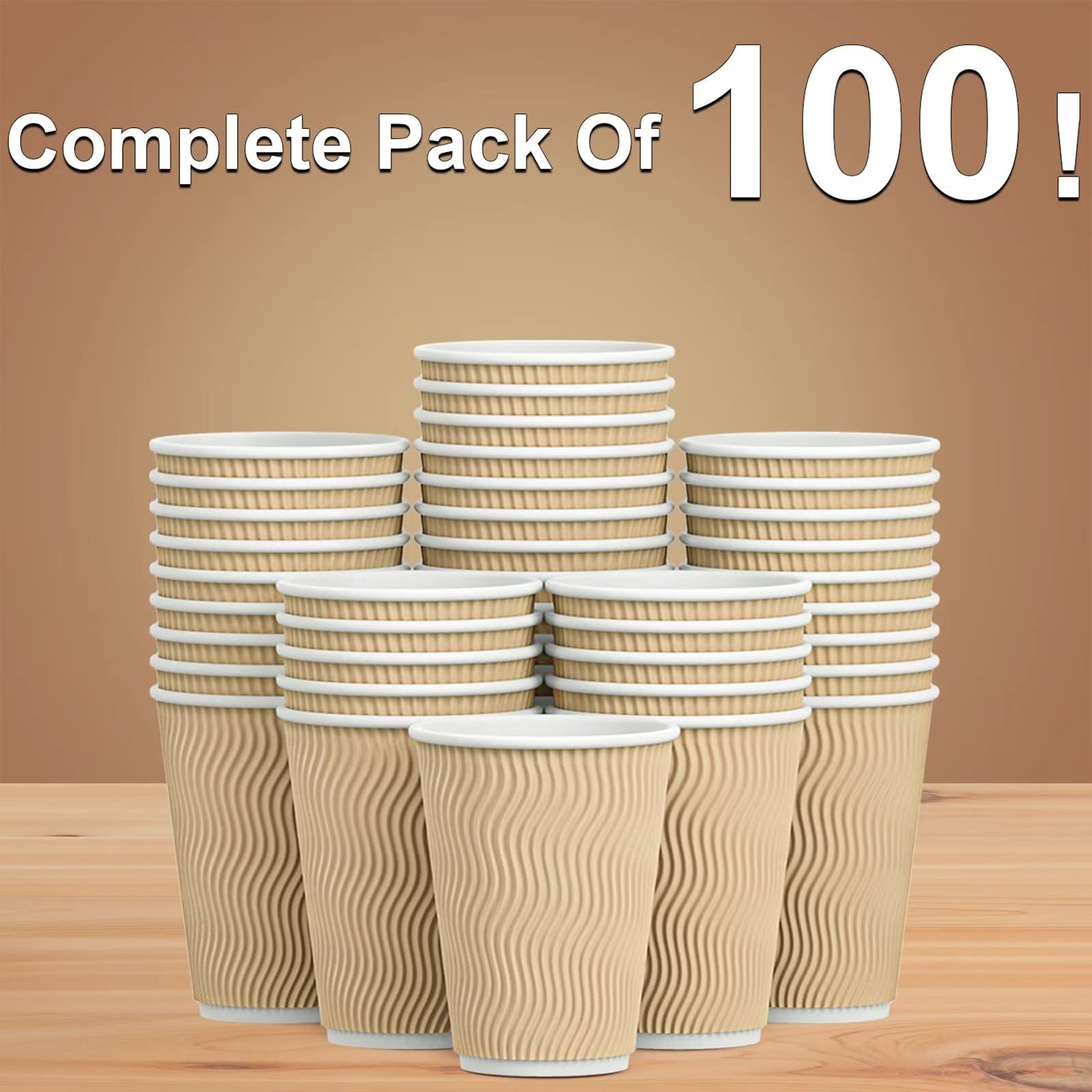 Luckypack Hot Paper Cups_12 oz Disposable Insulated Corrugated Sleeve Ripple Wall Paper Cup for Drink,Hot Coffee Cups (100,12oz Cups) (Brown)