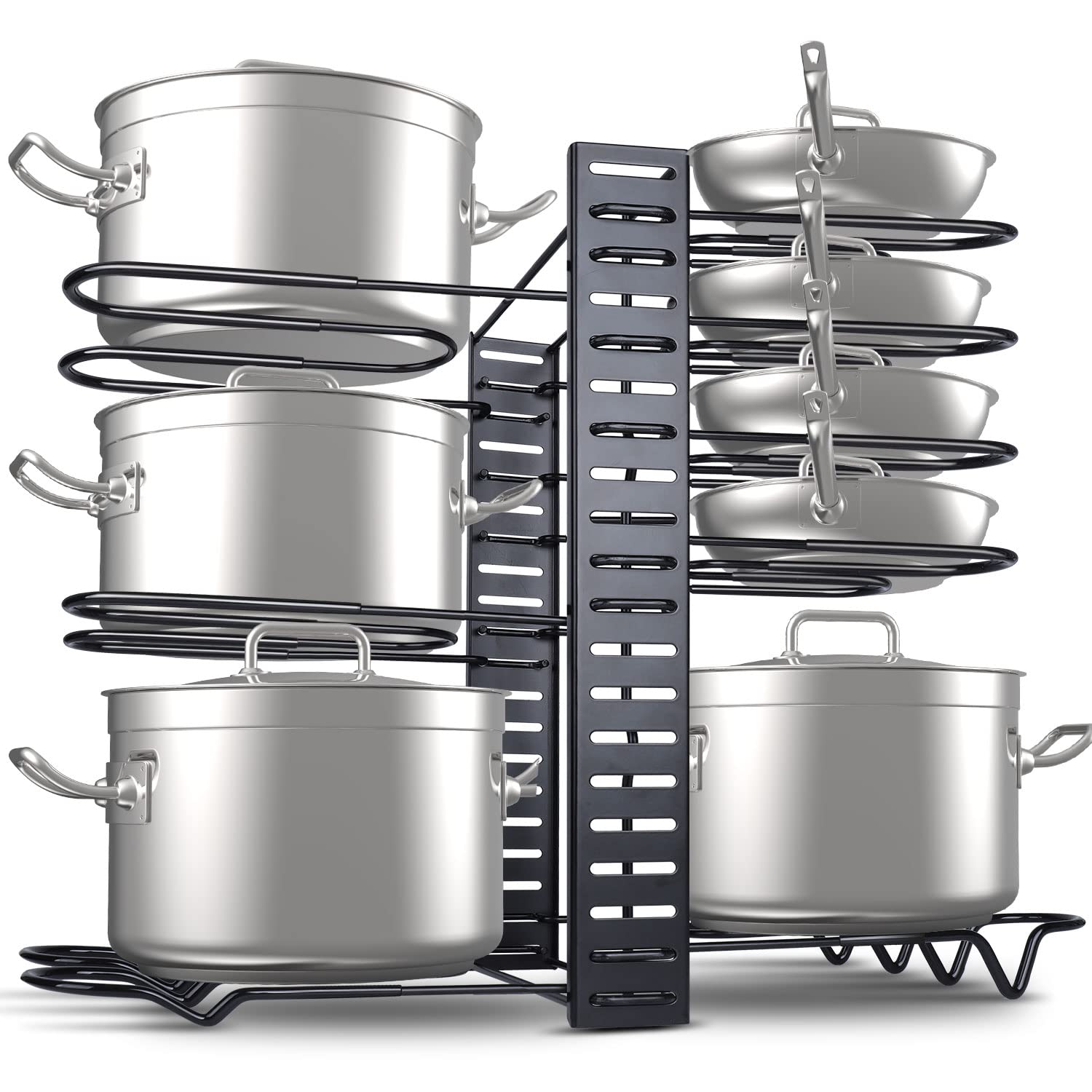 Vikiciy Pots and Pans Organizer for Cabinet, Pot Racks 8 Tiers Adjustable for Kitchen Organization and Storage, Pan Organizer Rack for Cabinet, Pot Organizer, Pot Lid Organizer, Pan Holders, Black