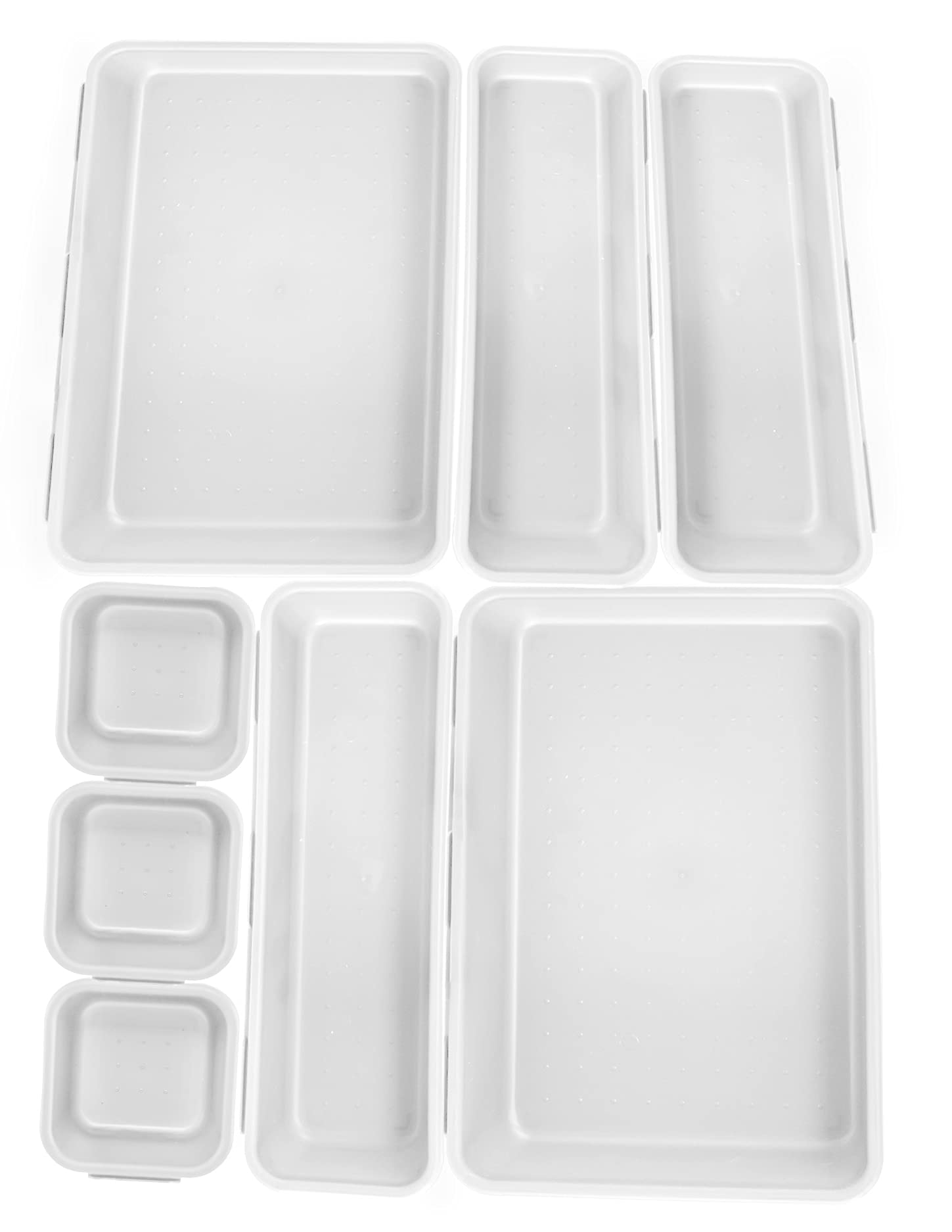 HOME-X Connecting Organizer Trays, Set of Interlocking Adjustable Trays for Organizing Office Supplies and Kitchen Utensil Drawers, Set of 8, 3 Sizes, White