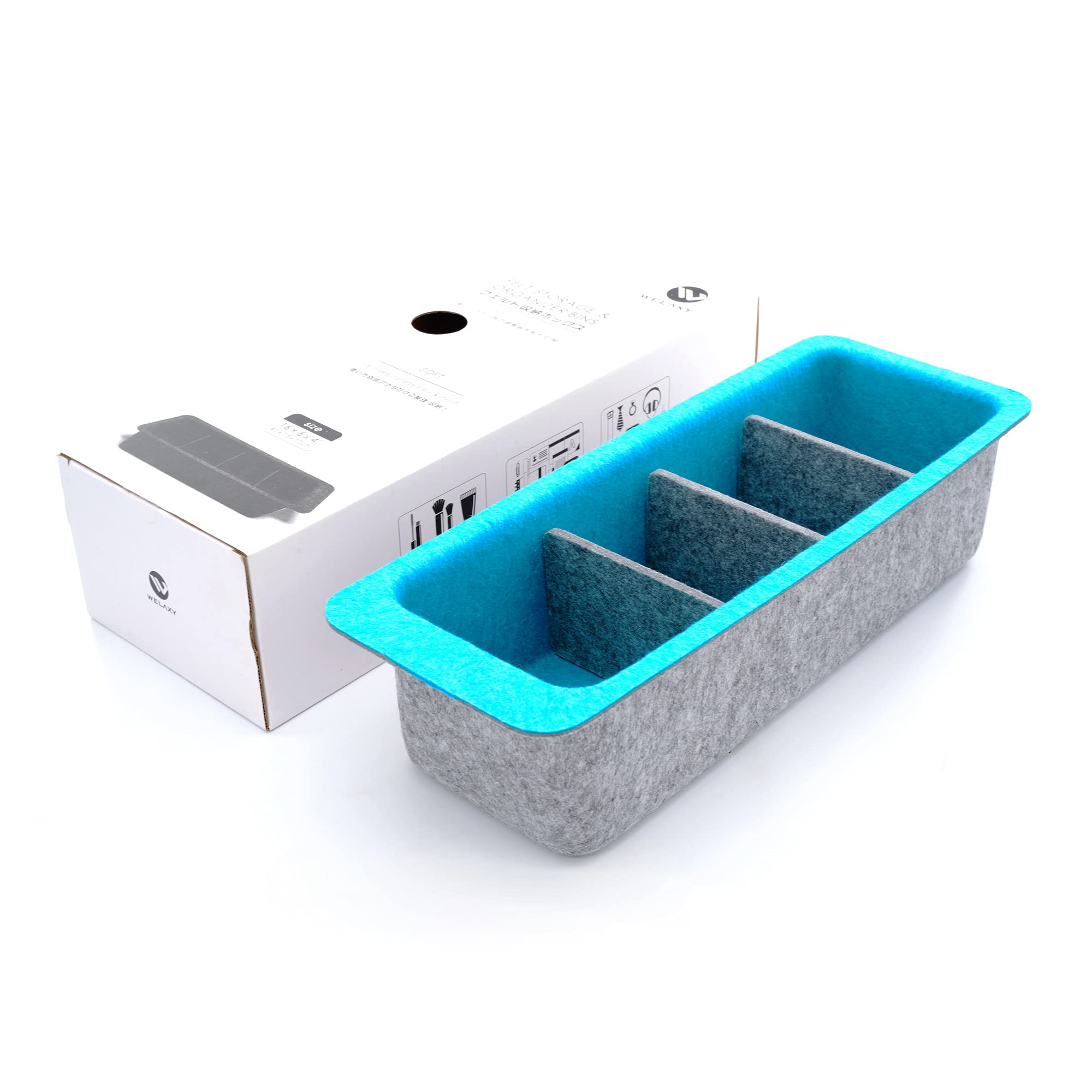 WELAXY Cabinet Pantry Organizers Desk drawer bin with 4 adjustable compartment Felt multi-storage for Kitchen home office closet Junk Socks Ties organizing (Turquoise)