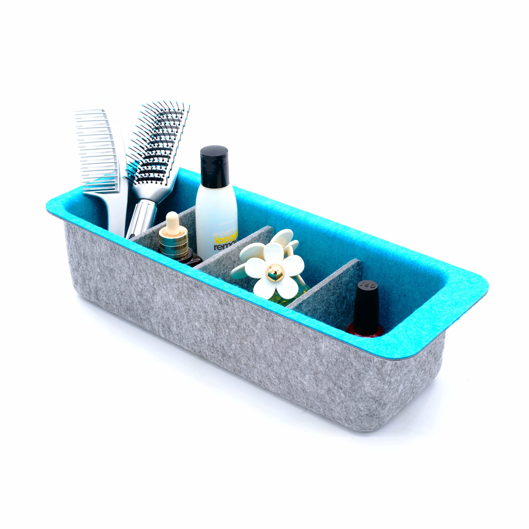 WELAXY Cabinet Pantry Organizers Desk drawer bin with 4 adjustable compartment Felt multi-storage for Kitchen home office closet Junk Socks Ties organizing (Turquoise)