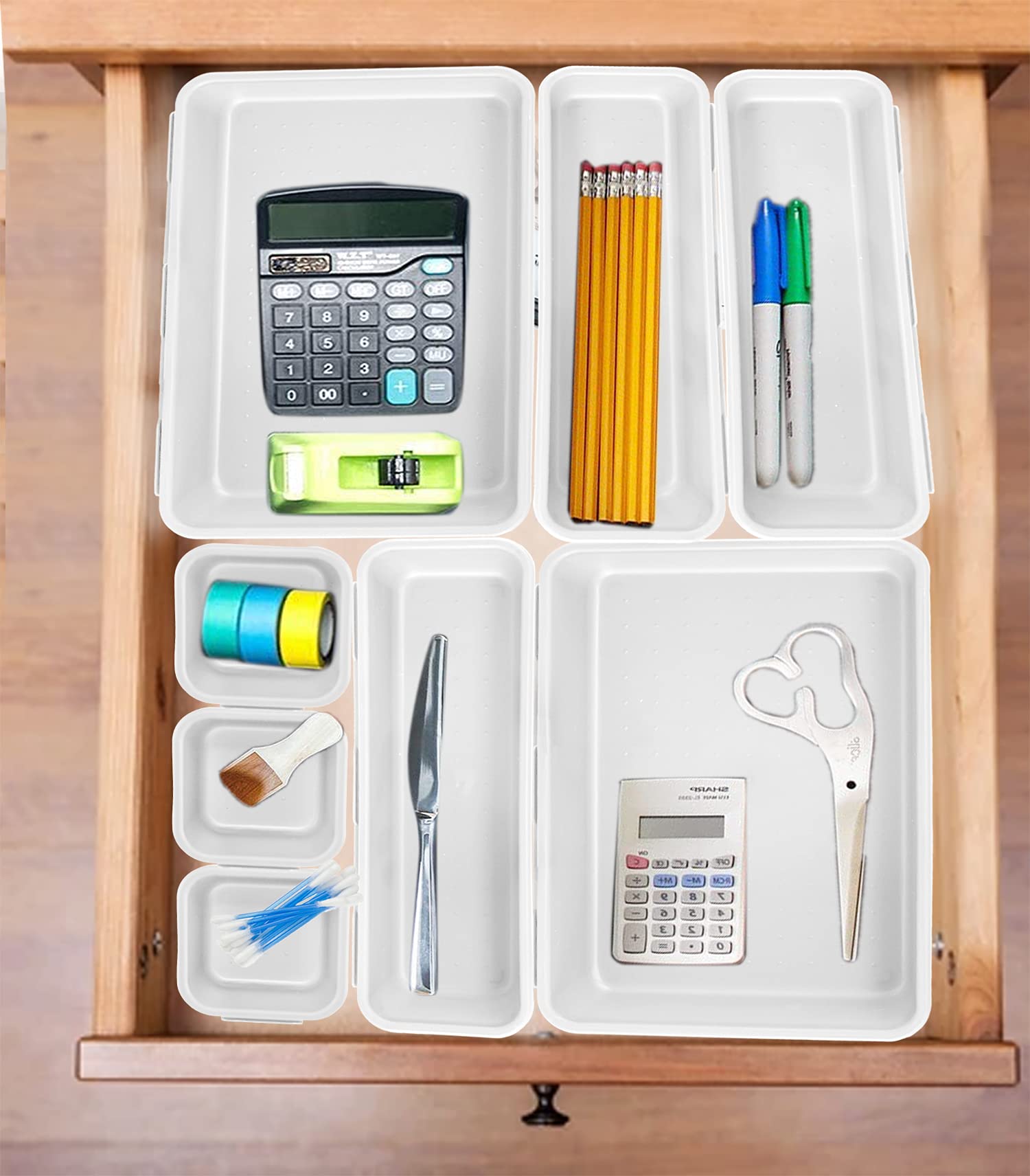 HOME-X Connecting Organizer Trays, Set of Interlocking Adjustable Trays for Organizing Office Supplies and Kitchen Utensil Drawers, Set of 8, 3 Sizes, White