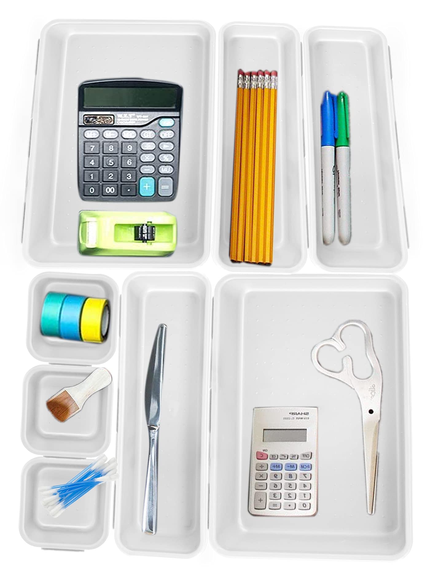HOME-X Connecting Organizer Trays, Set of Interlocking Adjustable Trays for Organizing Office Supplies and Kitchen Utensil Drawers, Set of 8, 3 Sizes, White
