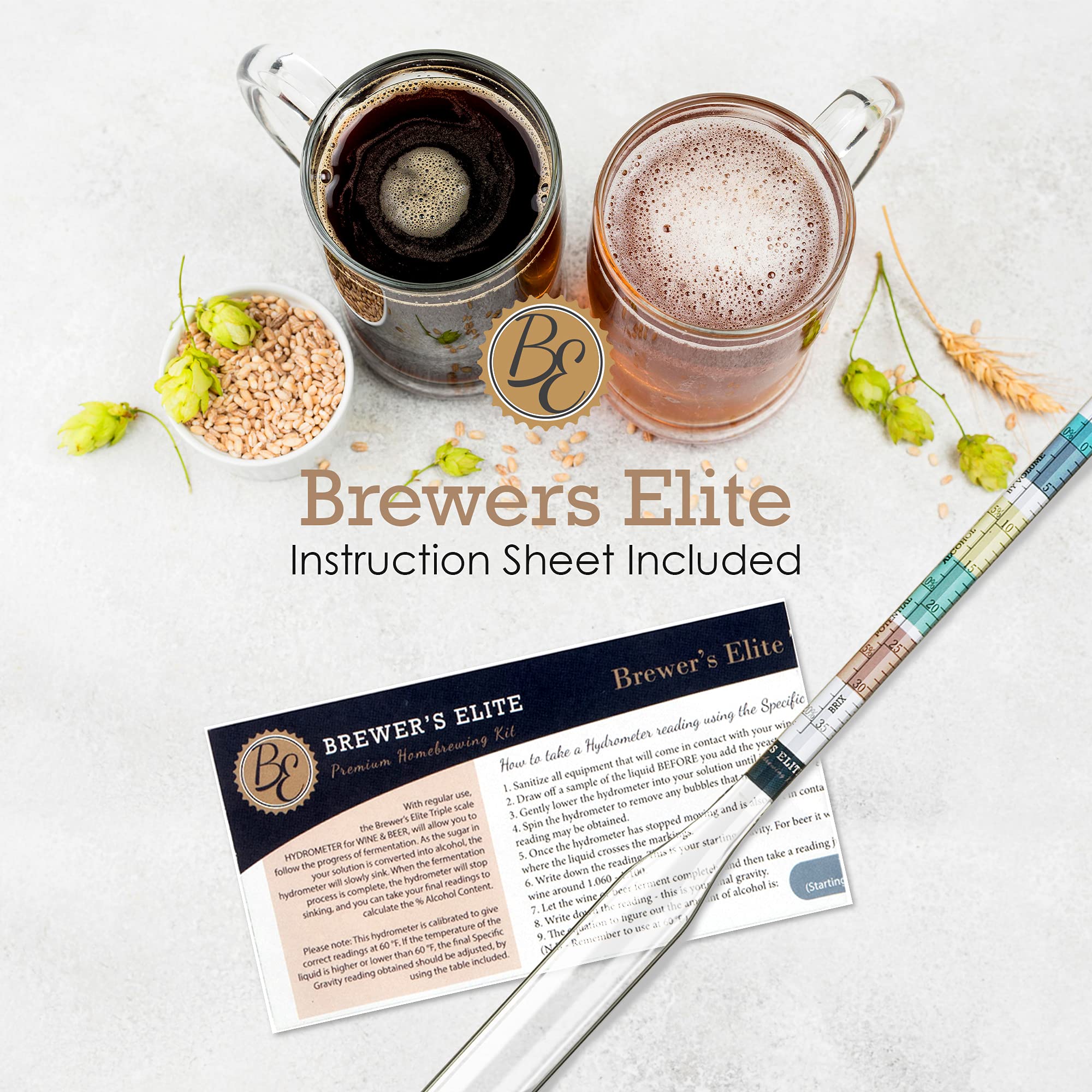 Brewer's Elite Hydrometer - for Home Brew Beer, Wine, Mead and Kombucha - Deluxe Triple Scale Set, Hardcase and Cloth - Specific Gravity ABV Tester