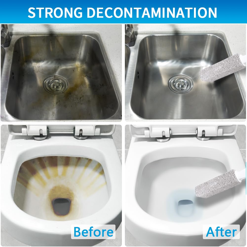 4TH Pumice Stone for Toilet Bowl Cleaning,Scouring Stick with Handle,Powerfully Away Limescale Stain,Hard Water Ring, Calcium Buildup,Iron,Rust.Remover for Tile Bath-tub - 2 Pack
