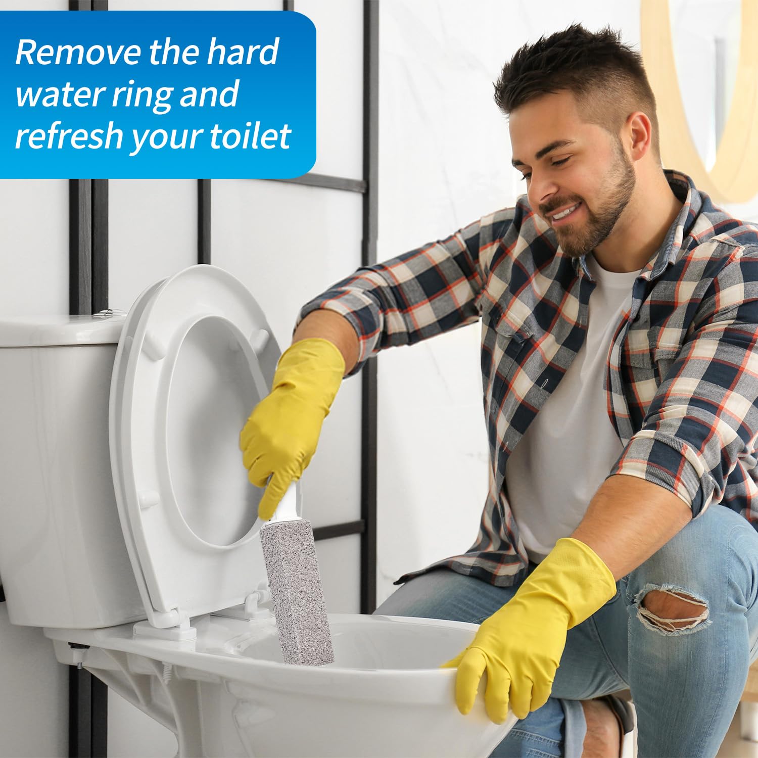 4TH Pumice Stone for Toilet Bowl Cleaning,Scouring Stick with Handle,Powerfully Away Limescale Stain,Hard Water Ring, Calcium Buildup,Iron,Rust.Remover for Tile Bath-tub - 2 Pack