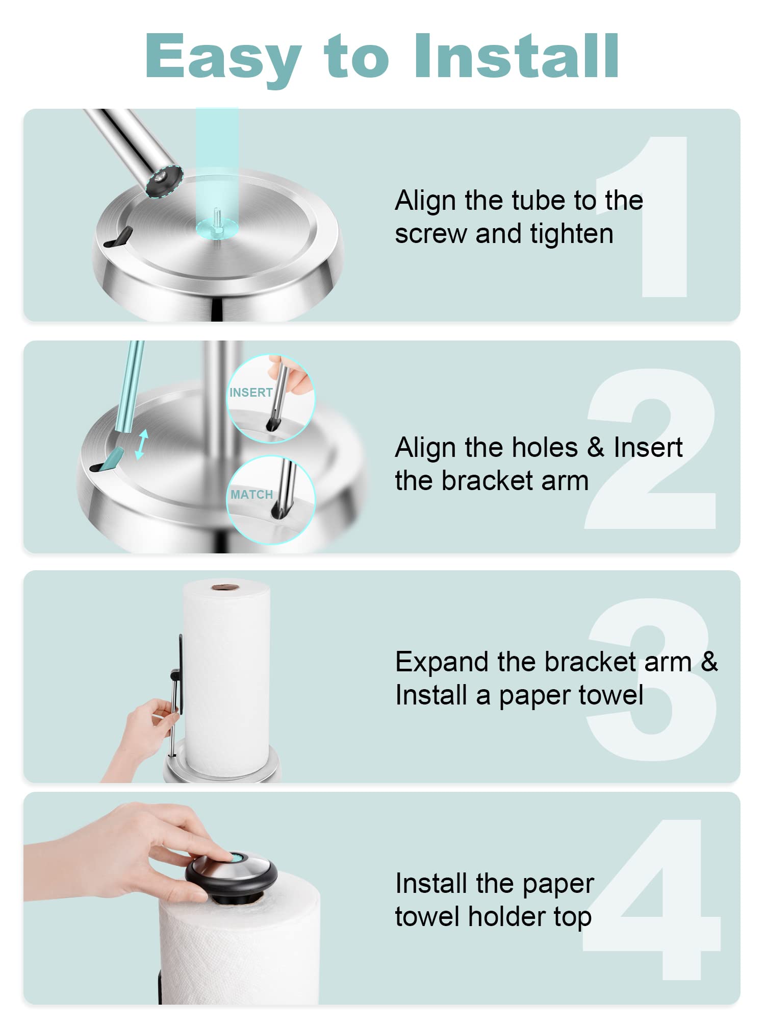 SMARTAKE Standing Paper Towel Holder, Rustproof Paper Towel Organizer with Tension Arm, Modern Toilet Paper Holder with Weighted Base, Roll Dispenser for Kitchen Countertop Home Dining Table, Silver