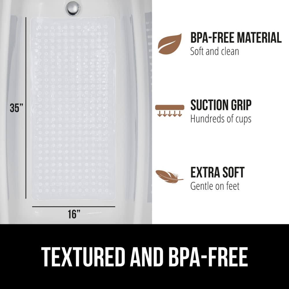 Gorilla Grip Patented Shower and Bath Mat, 35x16, Machine Washable Bathtub Mats, Extra Large Tub with Drain Holes and Suction Cups to Keep Floor Clean, Soft on Feet, Bathroom Accessories, Clear