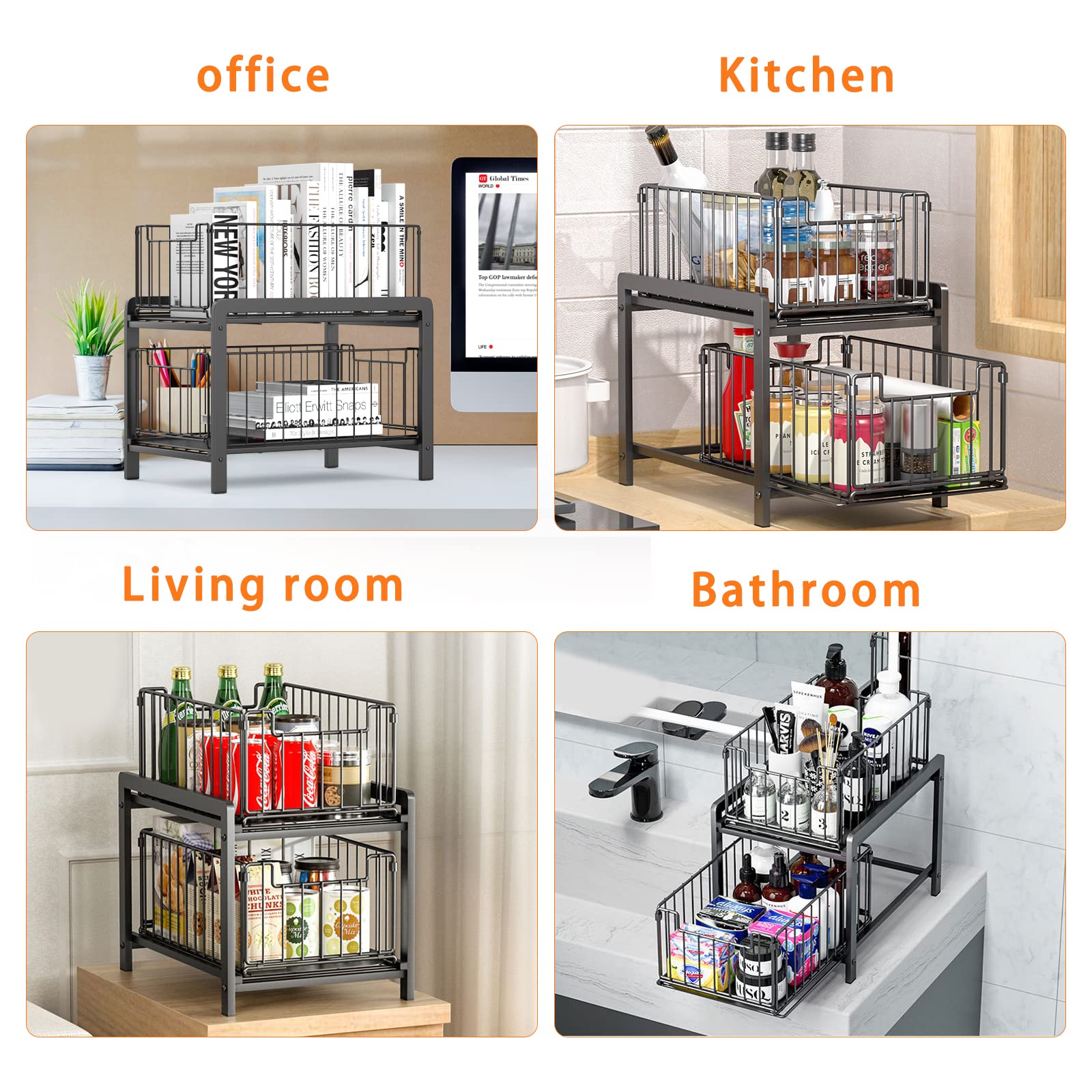 DeaGenlte Under Sink Organizer, 2 Tier Sliding Basket Drawer Organizer, Pull Out Cabinets Organizer Shelf, Black Iron Stackable Basket Organizer Drawer for Kitchen, Bathroom, Office - Black