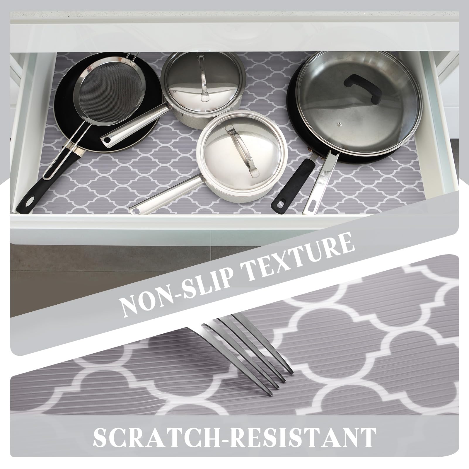 Glotoch Shelf Liners for Kitchen Cabinets 12β x 20FT-Non Adhesive Cabinet and Drawer Liner Roll for Fridge/Wire Shelf/Glass Shelves, Double Sided Non-Slip Durable and Strong, Quatrefoil Gray