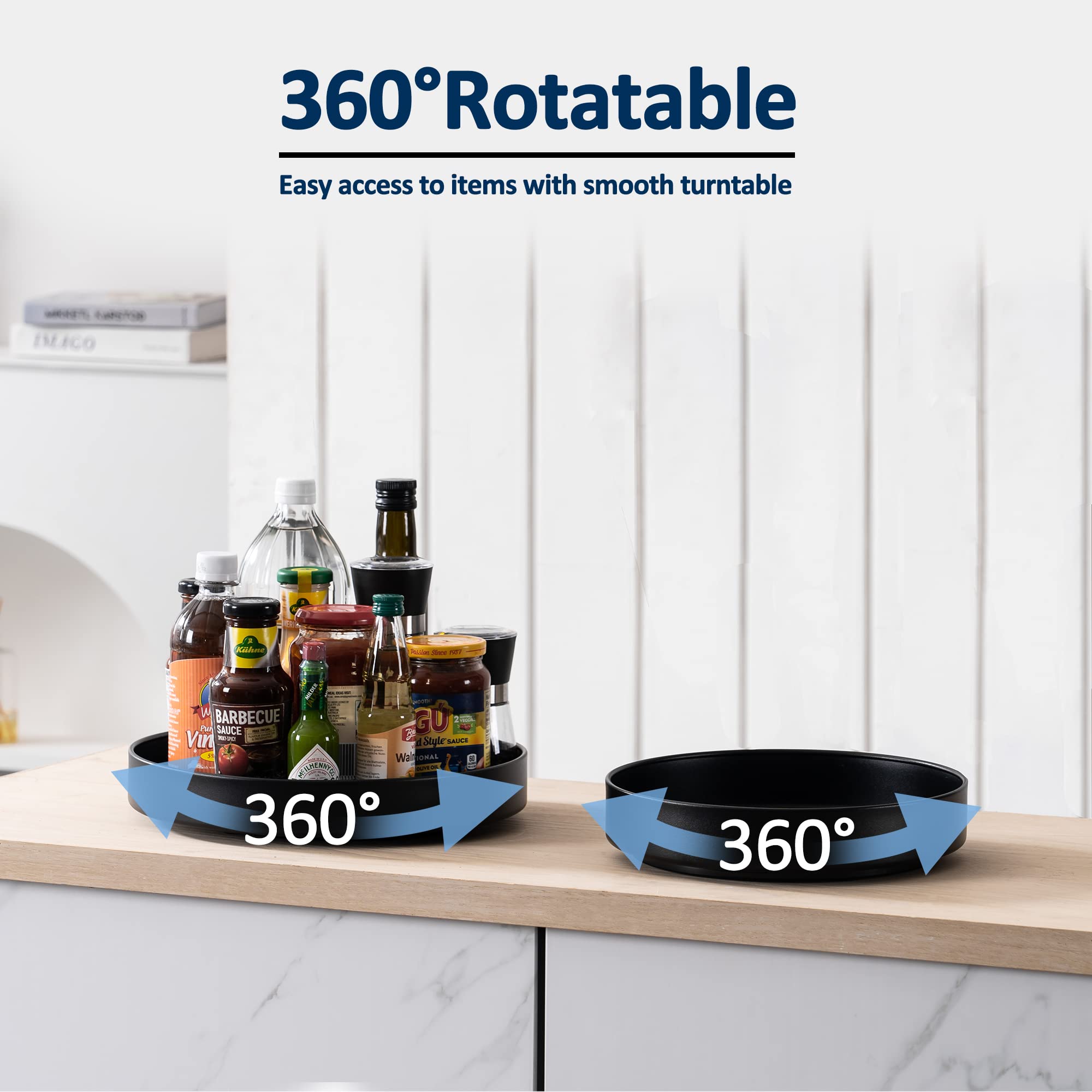 2 Pack Lazy Susan Turntable Organizer 10.2 Inch and 11.4 Inch for Cabinet, Pantry, Kitchen Countertop, Refrigerator, Bathroom and Office, Black Steel