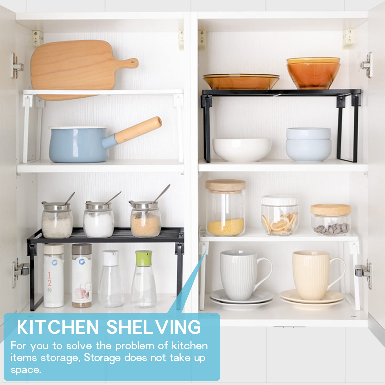 JOPBENG Stackable Metal Kitchen Storage Shelves, Cabinet Storage Shelf Rack, Cabinet Shelves and Paper Towel Holder for Pantry Shelf Bathroom Cupboard Organizers and Storage