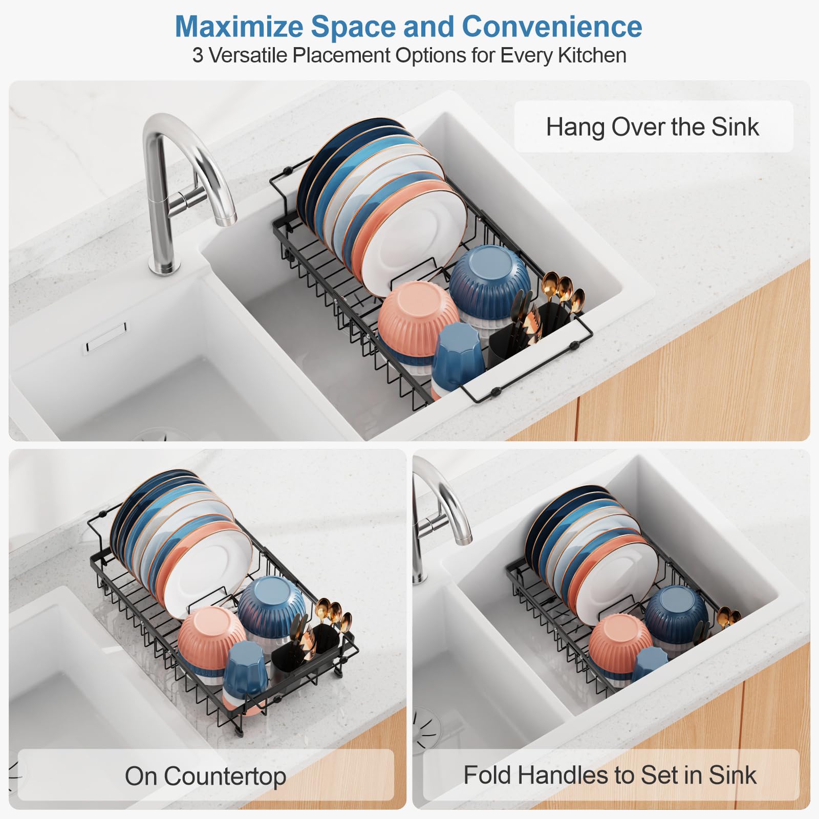 iSPECLE Sink Dish Drying Rack - Over Sink Dish Rack, in Sink or on Counter Dish Drainer, Sink Drying Rack with Removable Cutlery Holder Large Capacity, Black