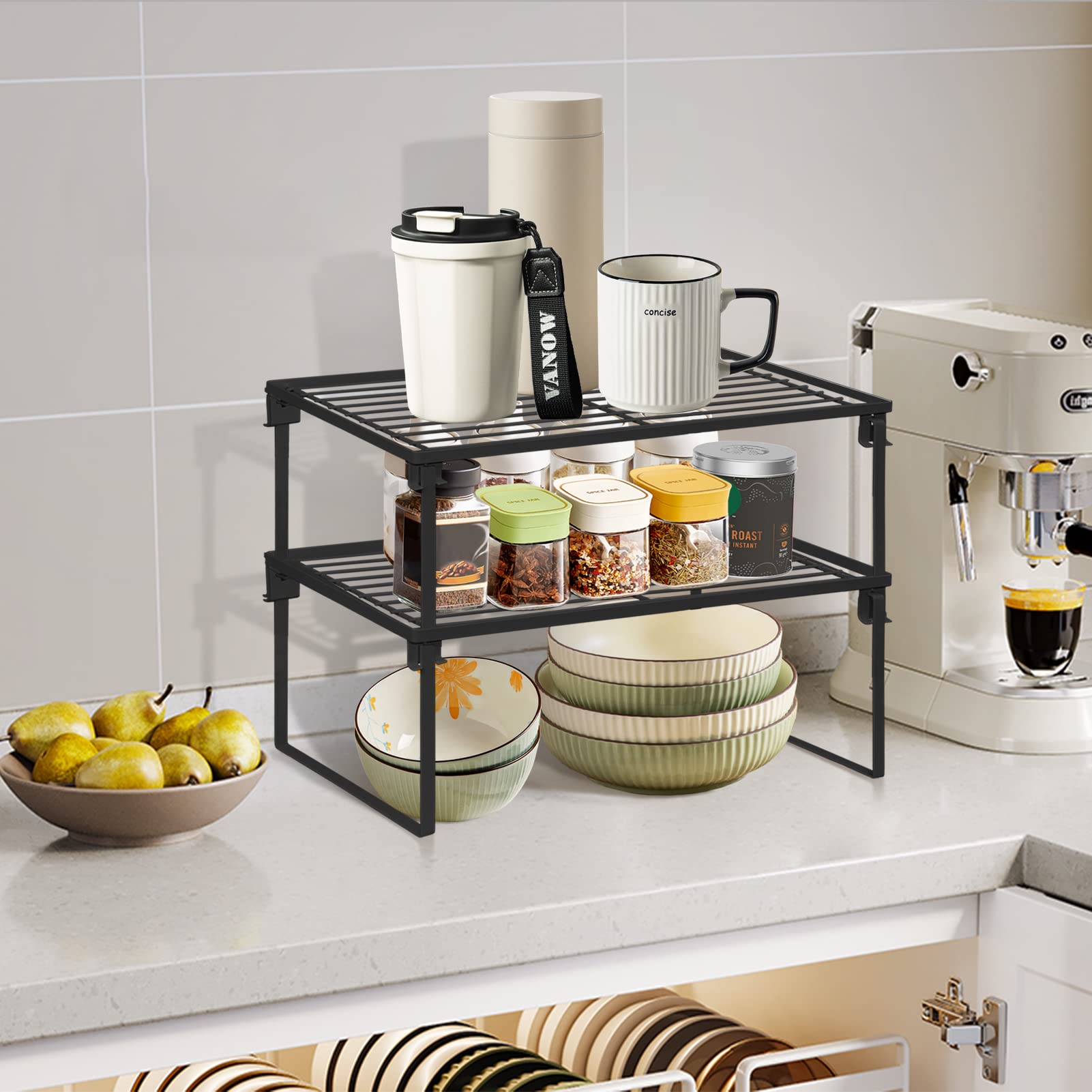 JOPBENG Stackable Metal Kitchen Storage Shelves, Cabinet Storage Shelf Rack, Cabinet Shelves and Paper Towel Holder for Pantry Shelf Bathroom Cupboard Organizers and Storage