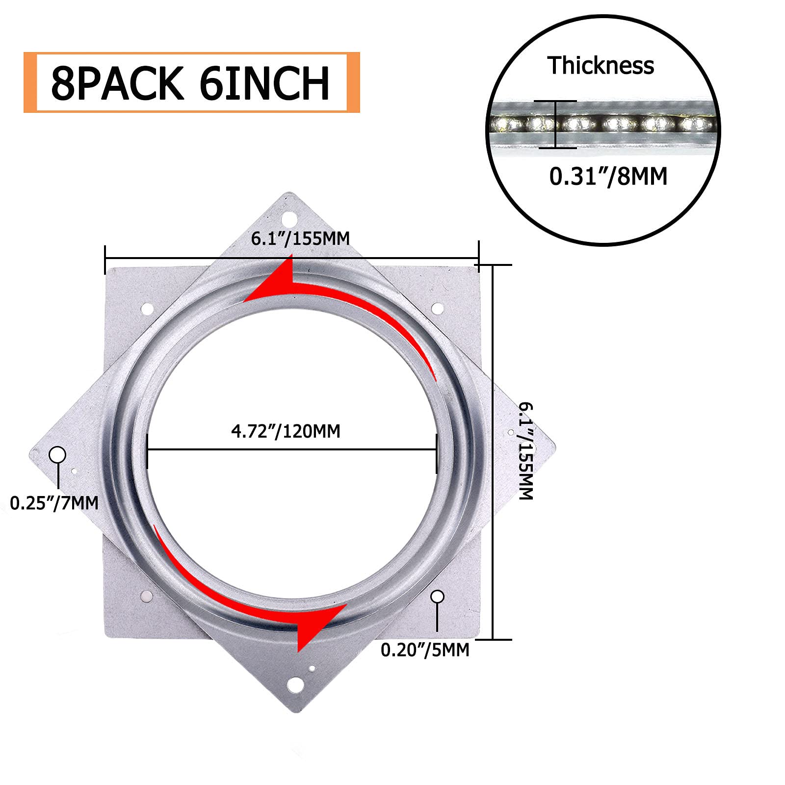 8Pack 6Inch Lazy Susan Hardware 5/16" Thick Square Lazy Susan Turntable Bearings Plate, 500lbs Capacity Rotating Swivel Bearing Plate, Lazy Susan Turntable Base for Serving Trays, Kitchen, Table