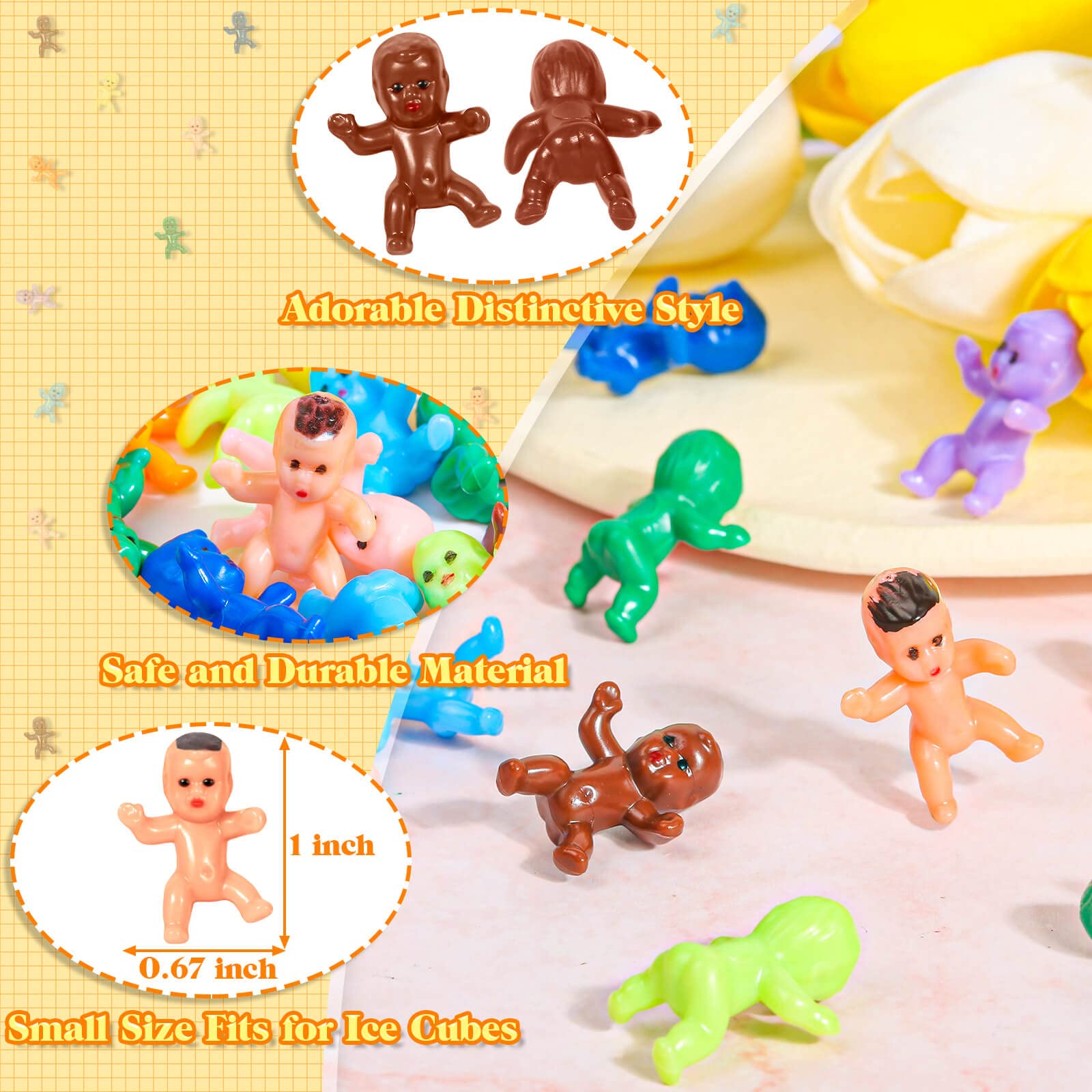 selizo Mini Plastic Babies, 100pcs Tiny Plastic Baby Figurines Small King Cake Babies Bulk for Ice Cube My Water Broke Baby Shower Games (10 Colors)