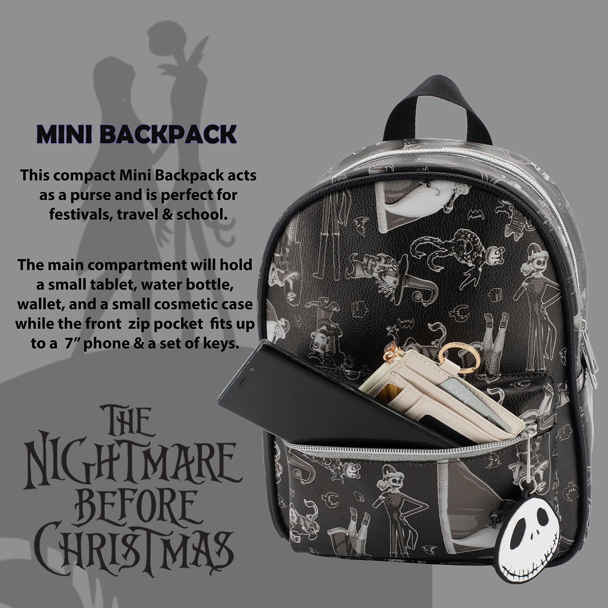 Disney Nightmare Before Christmas Allover Print Double Strap Should Bag, Mini Backpack with Molded Jack Dangle, 10.5 Inches, Adjustable Straps, Faux Leather