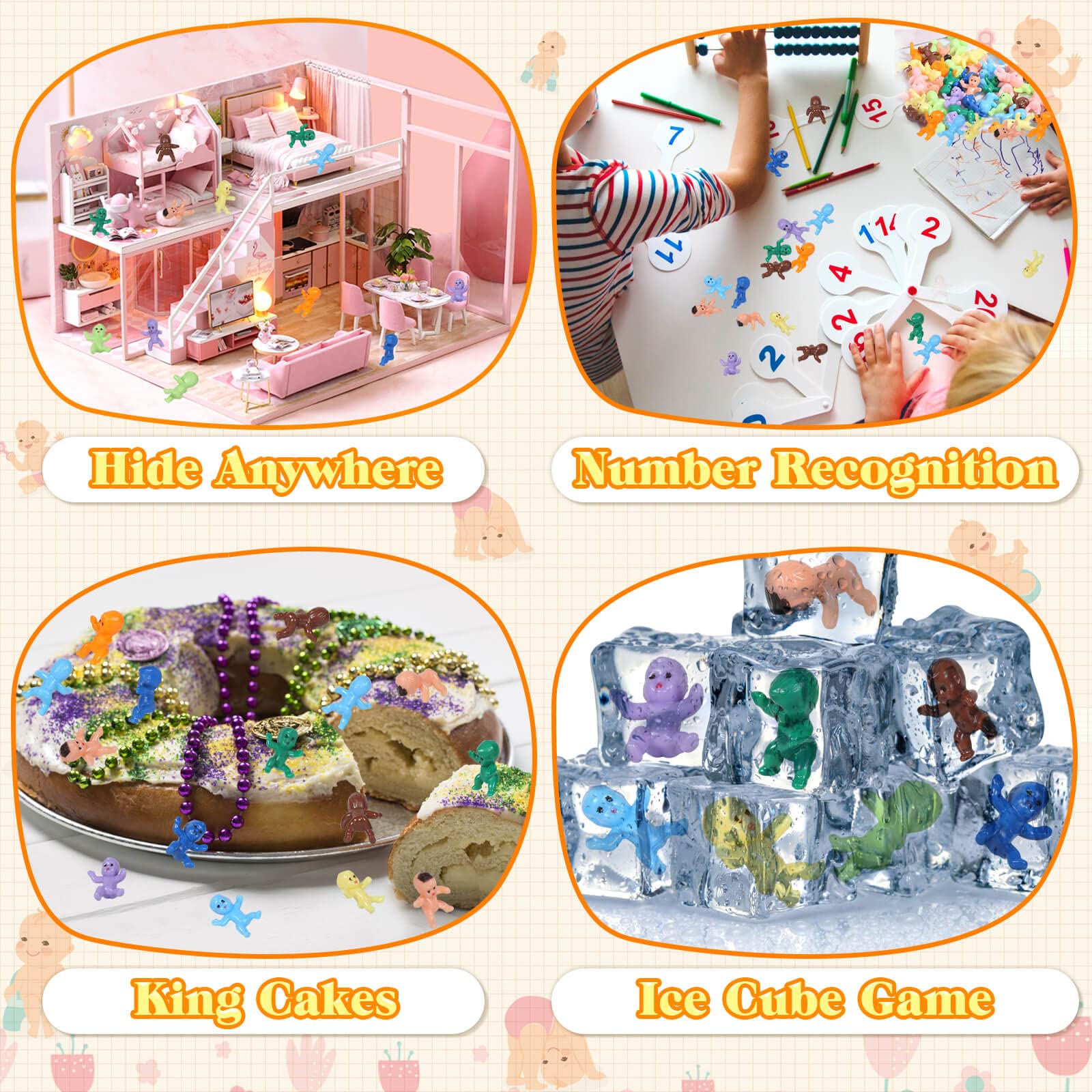selizo Mini Plastic Babies, 100pcs Tiny Plastic Baby Figurines Small King Cake Babies Bulk for Ice Cube My Water Broke Baby Shower Games (10 Colors)