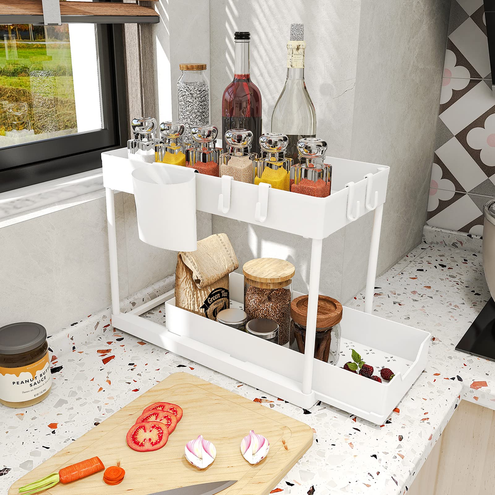 Usbalano 2-Tier Under Sink Organizer, Sliding Under Bathroom Cabinet Storage Drawer Organizer with Hooks, Hanging Cup, Multi-purpose Under Sink Shelf Organizer, White