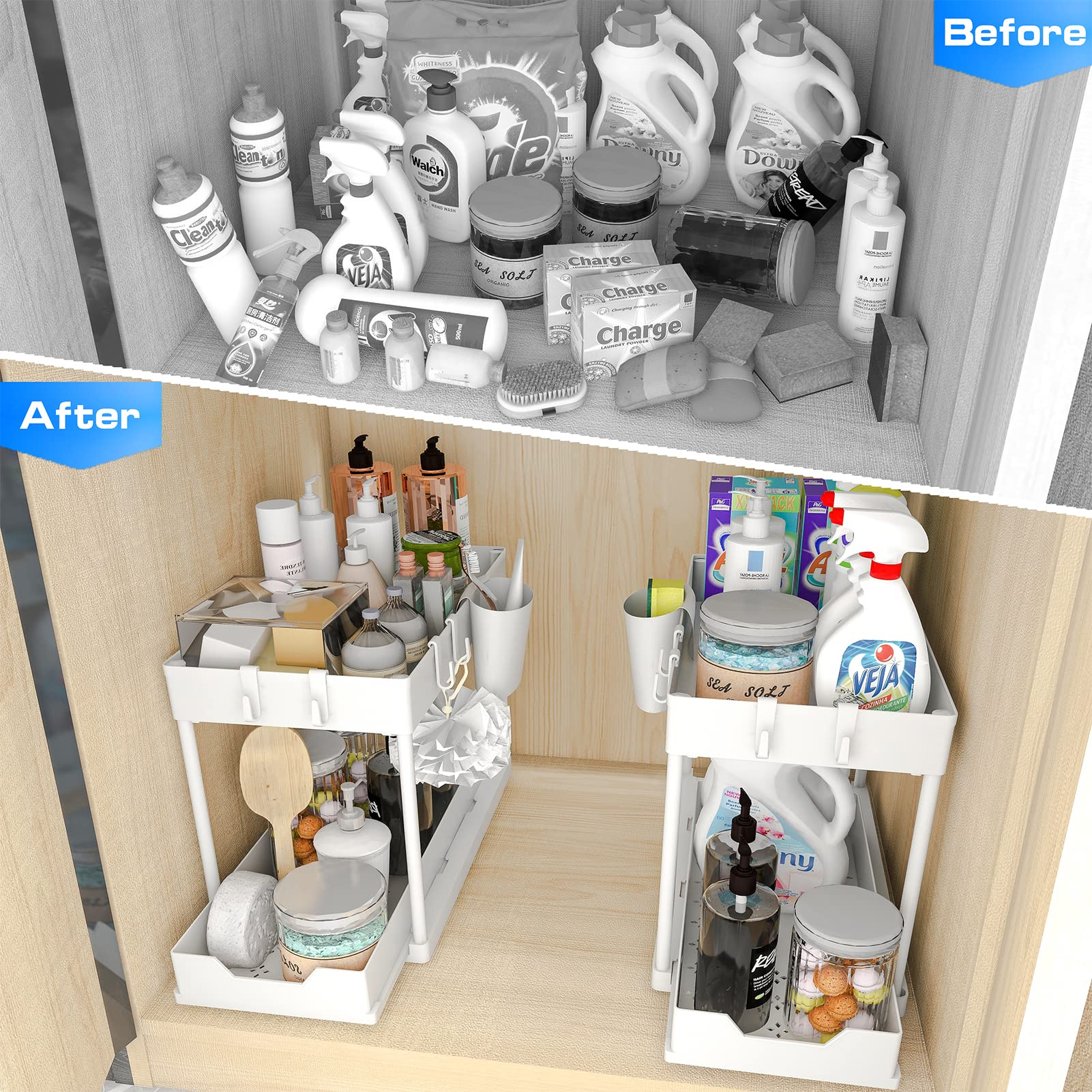 Usbalano 2-Tier Under Sink Organizer, Sliding Under Bathroom Cabinet Storage Drawer Organizer with Hooks, Hanging Cup, Multi-purpose Under Sink Shelf Organizer, White