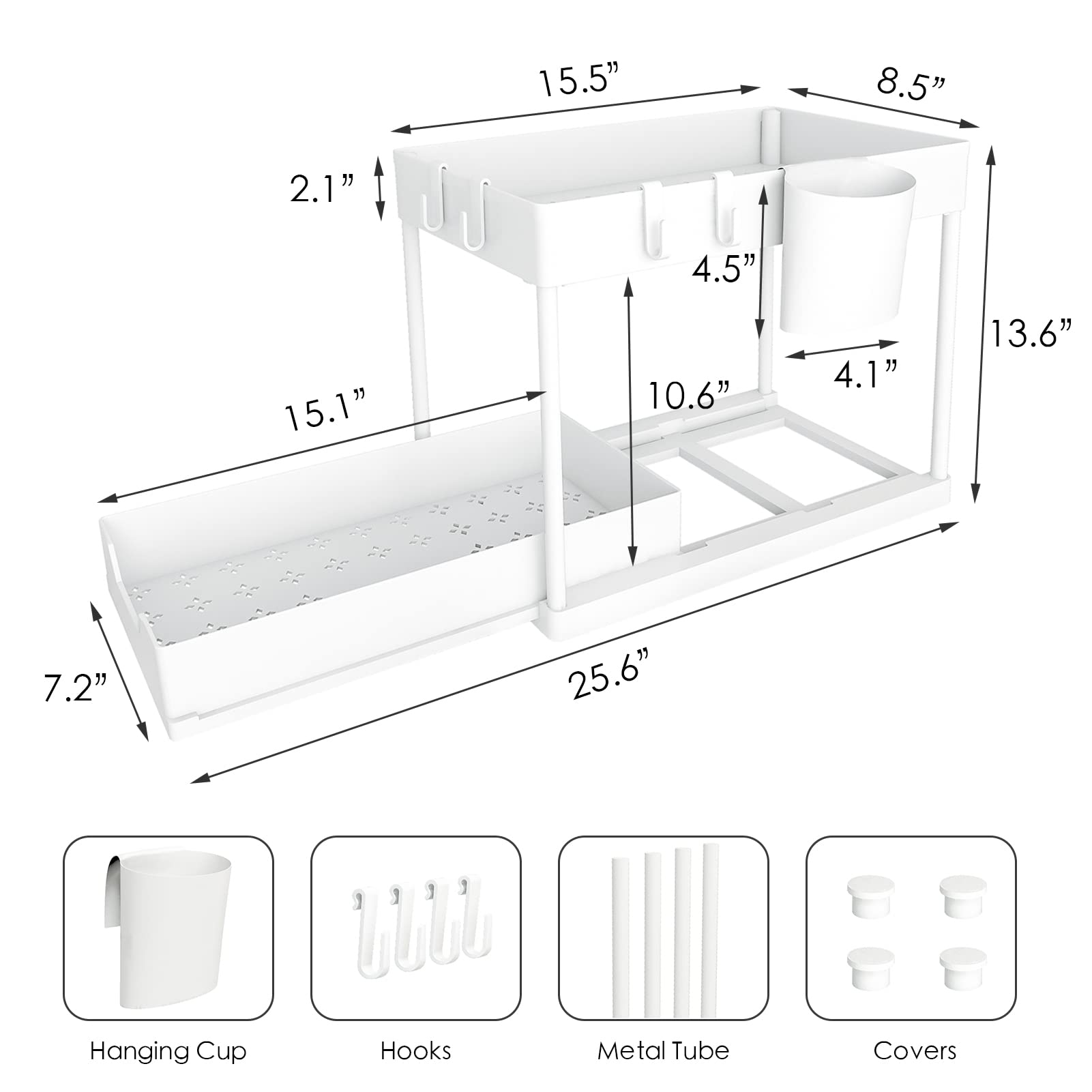 Usbalano 2-Tier Under Sink Organizer, Sliding Under Bathroom Cabinet Storage Drawer Organizer with Hooks, Hanging Cup, Multi-purpose Under Sink Shelf Organizer, White