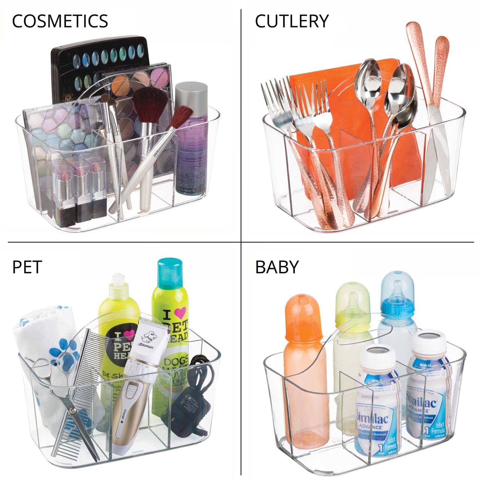 mDesign Plastic Cutlery Storage Organizer Caddy Bin Tote with Handle - Kitchen Cabinet Divided Pantry Basket for Forks, Knives, Spoons, Napkins, Indoor/Outdoor Use, Lumiere Collection, 2 Pack - Clear