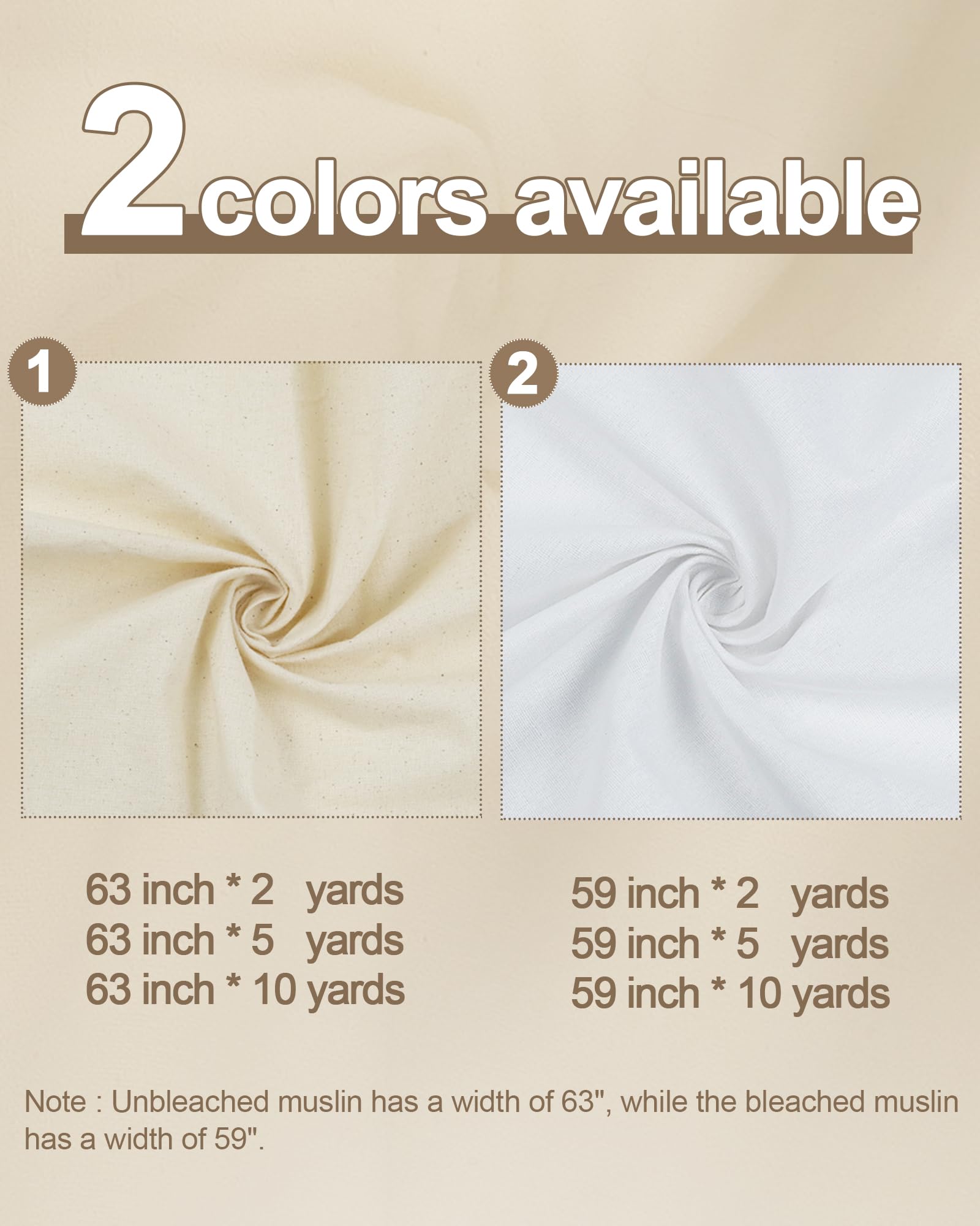 HOTGODEN Medium Weight 100% Cotton Muslin Fabric: 63 inch x 2,5,10 Yards Unbleached Muslin Linen Fabric Material for Sewing Material Apparel Cloth
