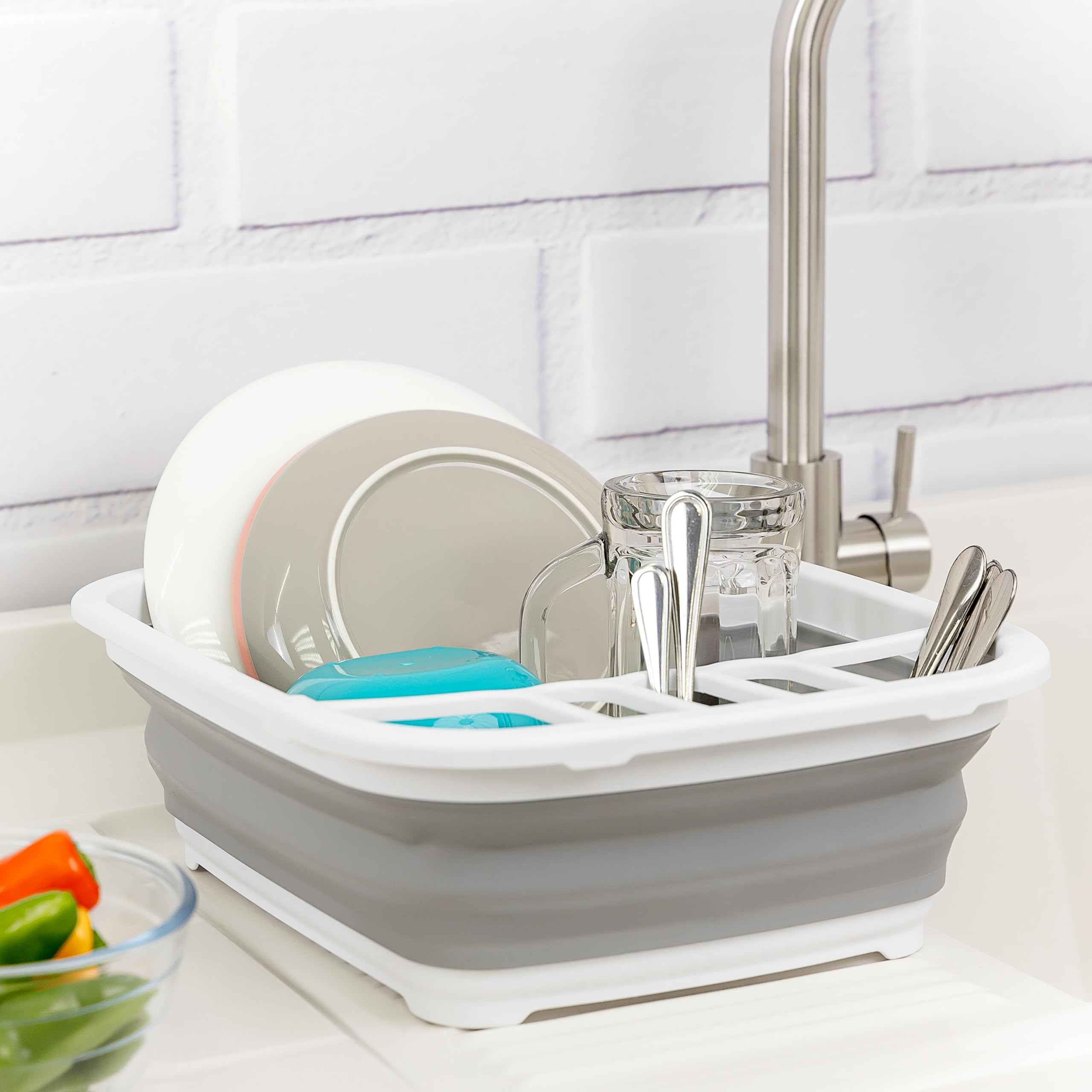 SAMMART 8L (2.11Gallons) Collapsible Dish Drainer - Foldable Drying Rack - Portable Dinnerware Organizer - Space Saving (White/Grey, 1)