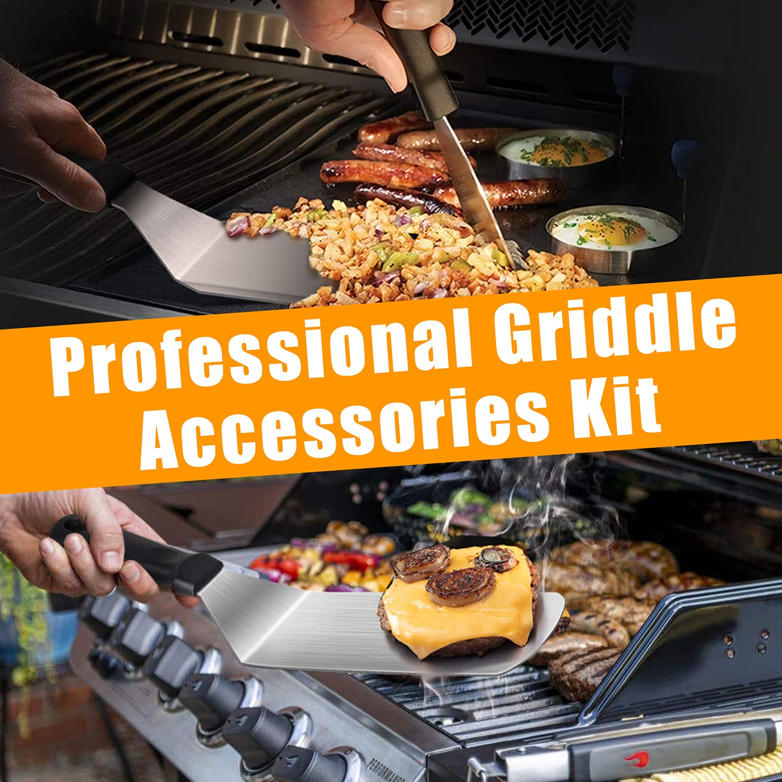 Griddle Accessories,15 Pcs Flat Top Grill Accessories kit for Blackstone and Camp,Stainless Steel BBQ Accessories with Spatula, Basting Cover,Tongs,Egg Mold & Carry Bag for Outdoor BBQ Teppanyaki