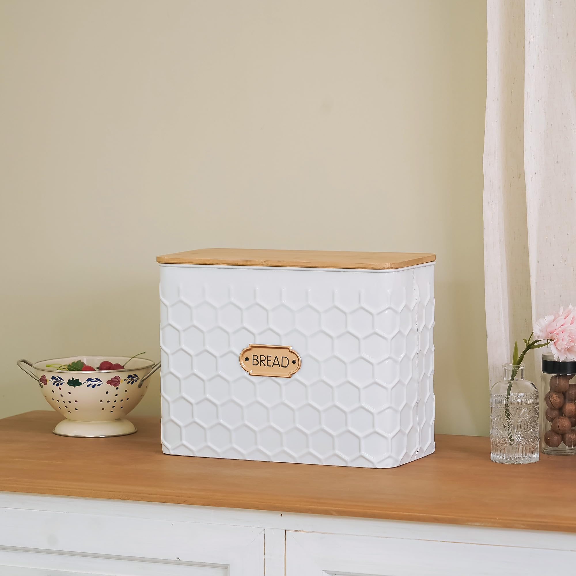 NIKKY HOME Extra Large Space Saving Farmhouse Bread Box With Wood Lid - Holds 2 Loaves - Vertical Breadbox Bread Storage Bin Holder for Kitchen Countertop, White