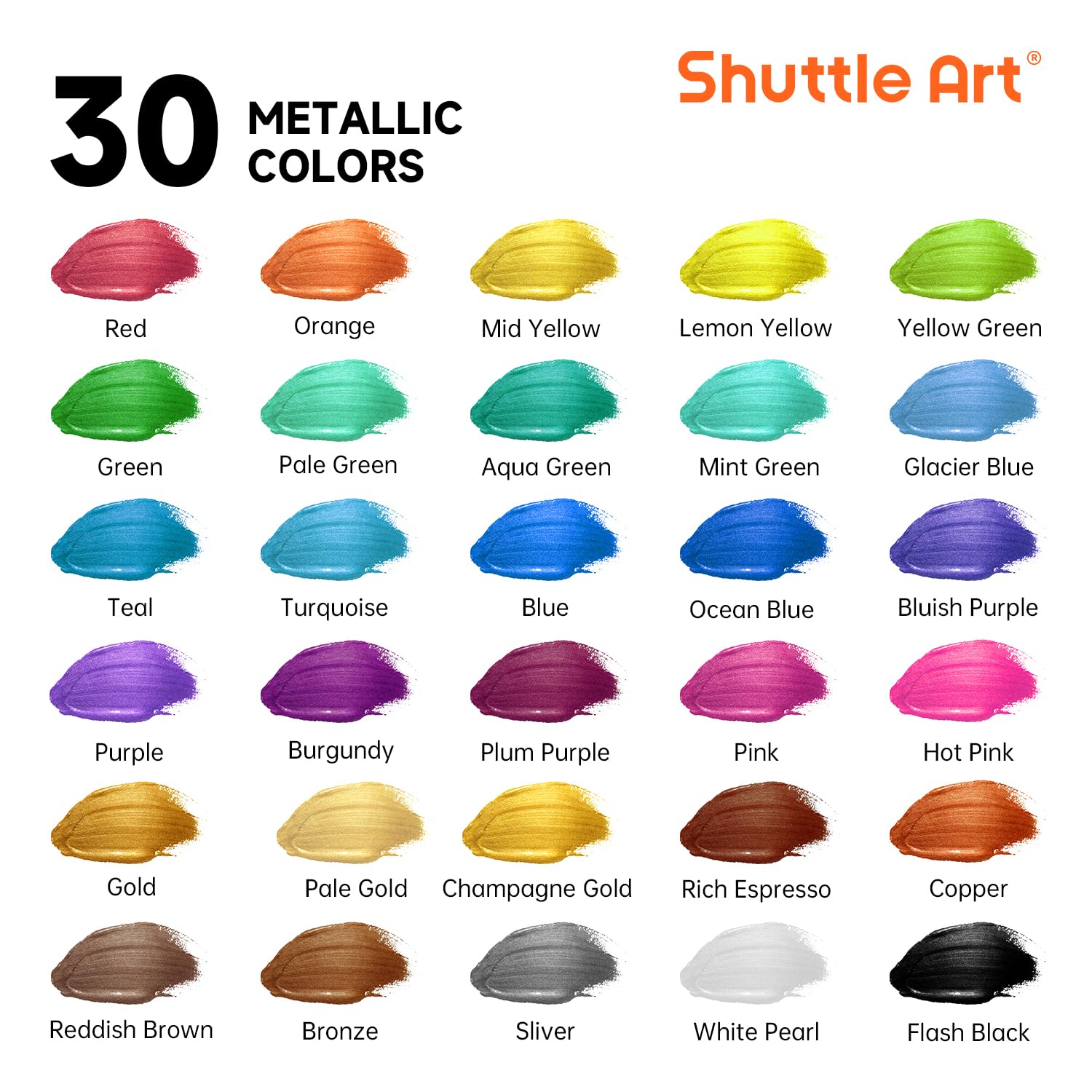 Shuttle Art 30 Colors Metallic Acrylic Paint, Metallic Acrylic Paint with 10 Brushes and 1 Palette, 60ml/2oz, Rich Pigments, Non-Toxic Art Paint for Artists, Beginners on Rocks Canvas Wood Fabric