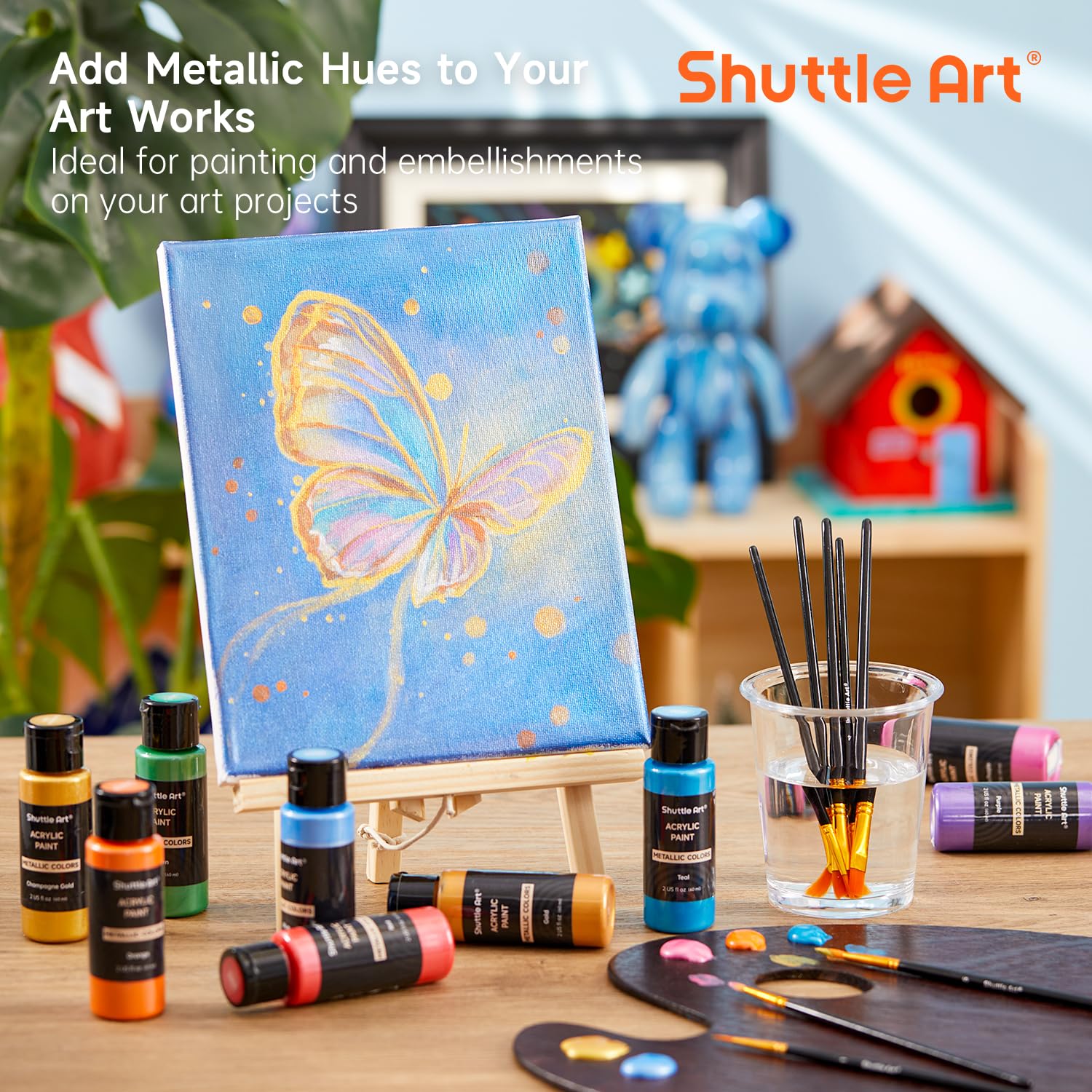 Shuttle Art 30 Colors Metallic Acrylic Paint, Metallic Acrylic Paint with 10 Brushes and 1 Palette, 60ml/2oz, Rich Pigments, Non-Toxic Art Paint for Artists, Beginners on Rocks Canvas Wood Fabric