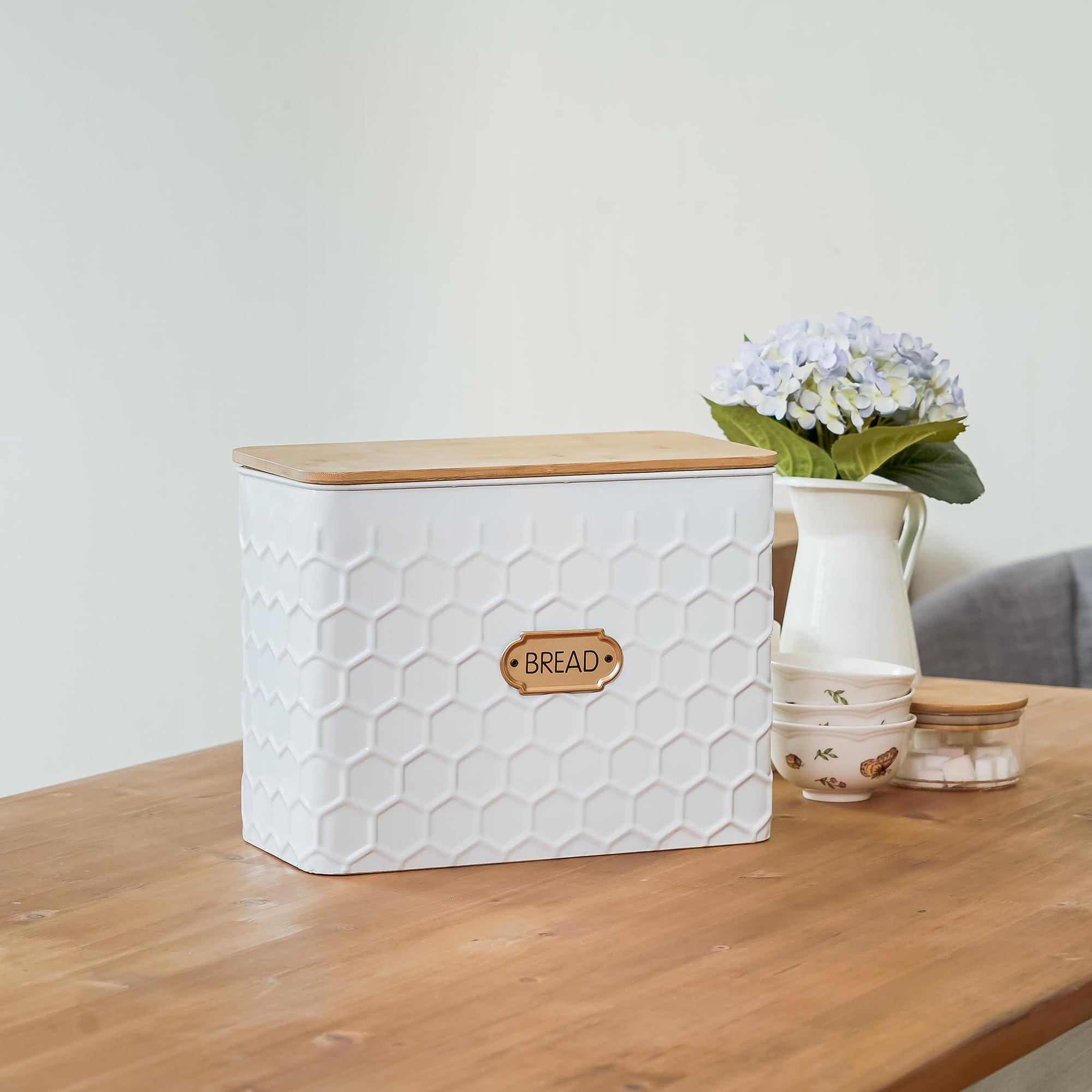 NIKKY HOME Extra Large Space Saving Farmhouse Bread Box With Wood Lid - Holds 2 Loaves - Vertical Breadbox Bread Storage Bin Holder for Kitchen Countertop, White