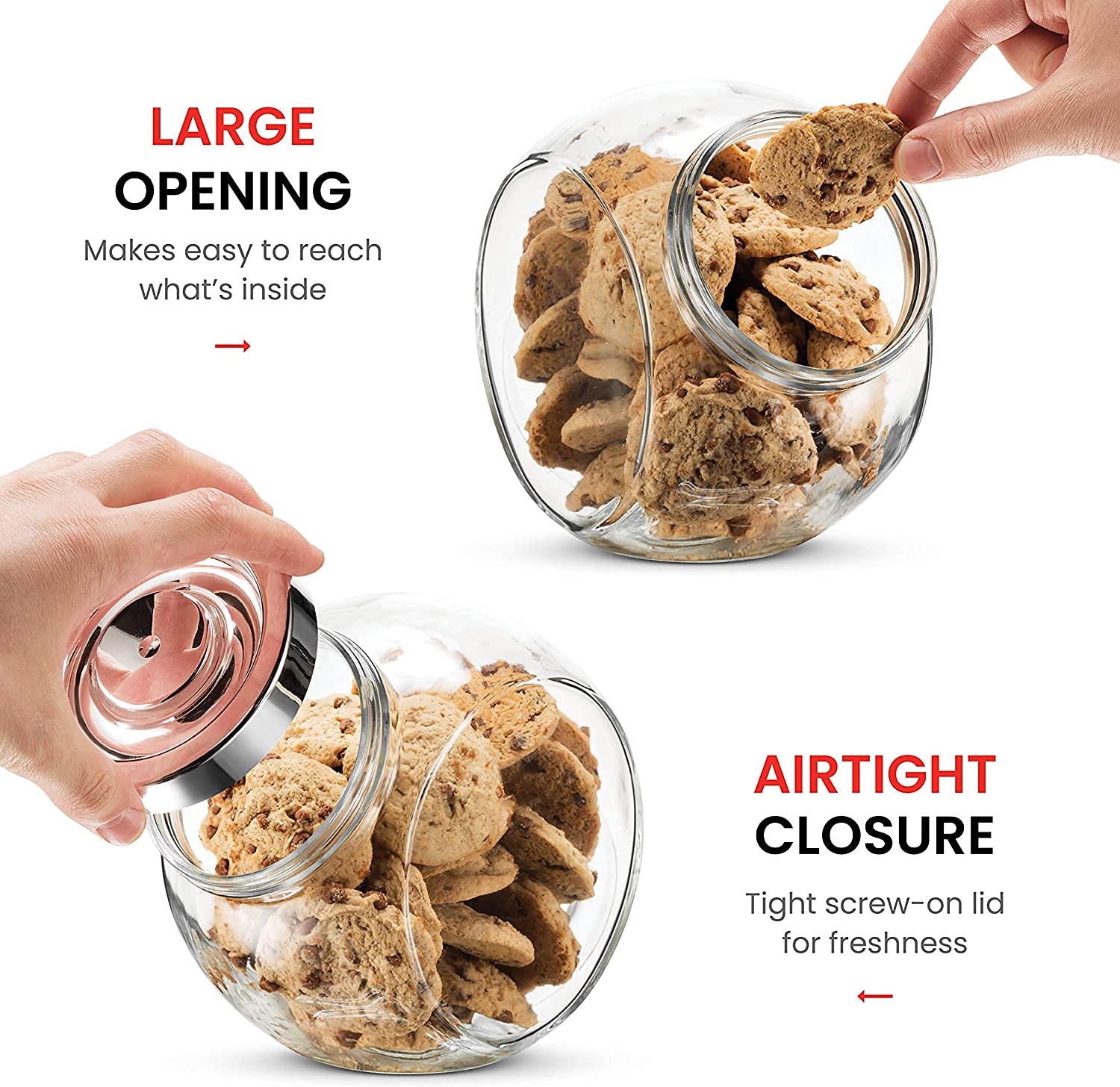 Bormioli Rocco PANDORA Glass Candy Jar 75½-Ounce Cookie Jar (2 Pack) With Plastic Airtight Seal Lid 2-Way Display, Bulk-Food Storage Jar for Snacks, Dry Food, Jelly Beans Canister, Apothecary Jars.