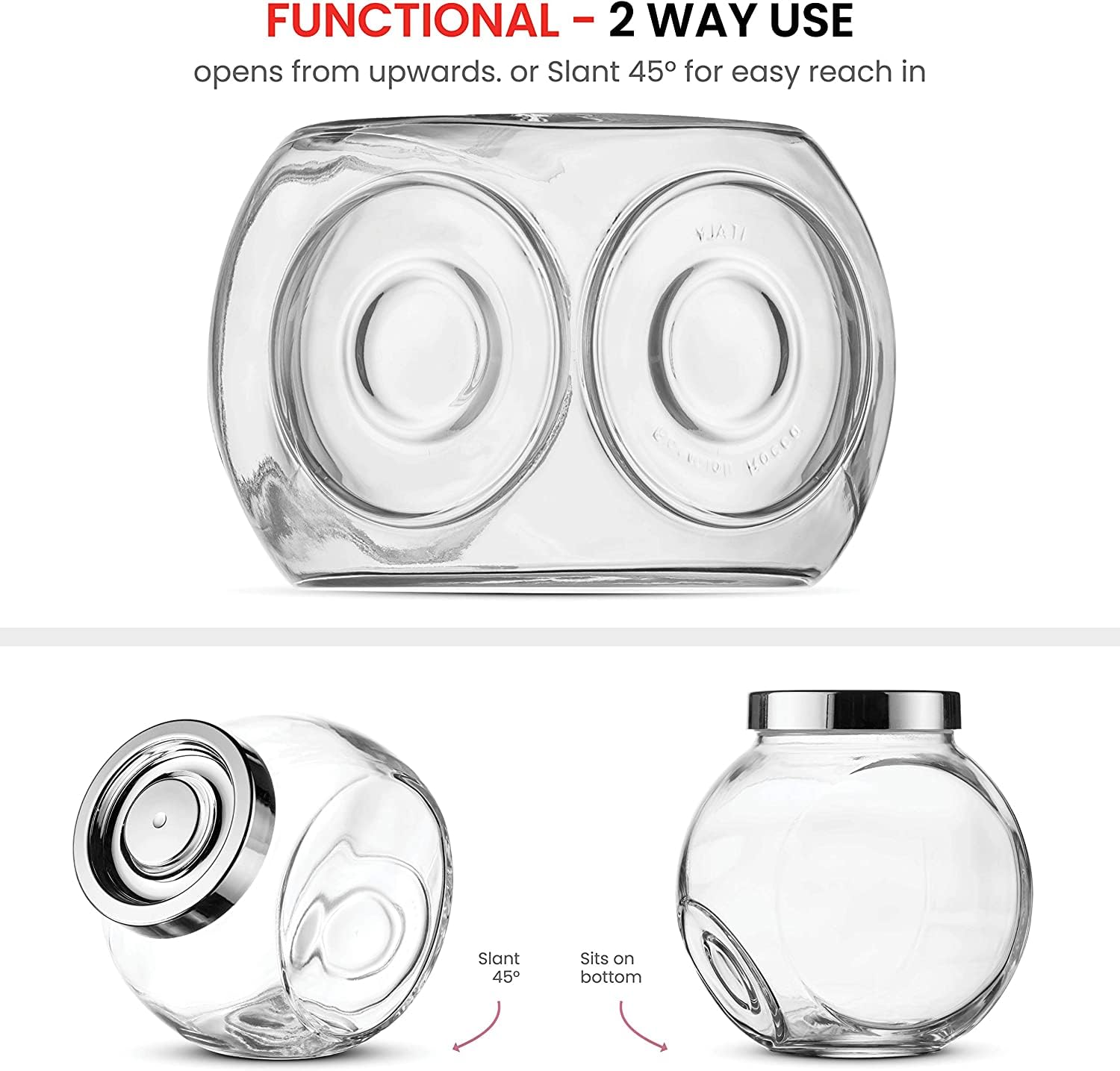 Bormioli Rocco PANDORA Glass Candy Jar 75½-Ounce Cookie Jar (2 Pack) With Plastic Airtight Seal Lid 2-Way Display, Bulk-Food Storage Jar for Snacks, Dry Food, Jelly Beans Canister, Apothecary Jars.