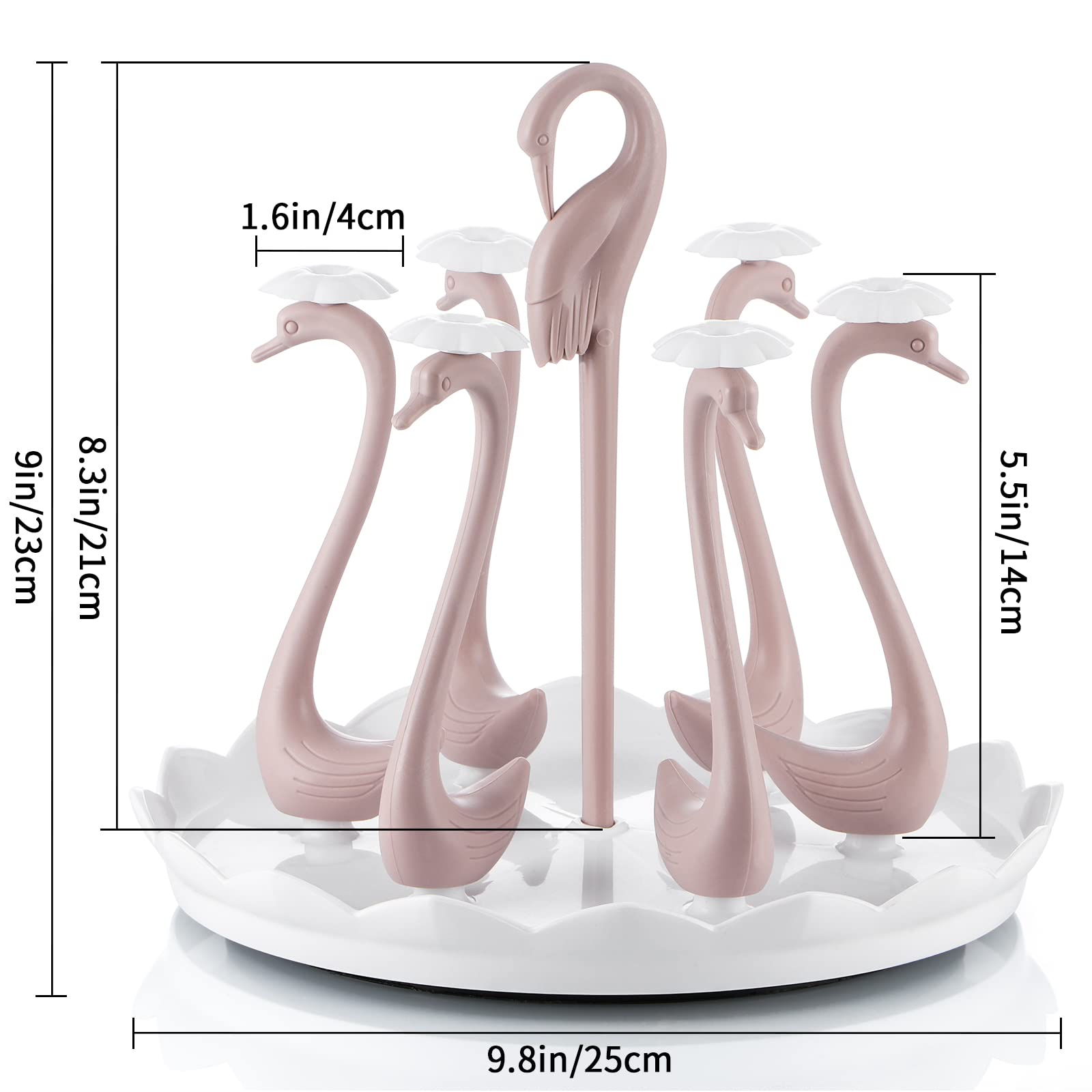 MOLIGOU Cup Drying Rack, Mug Dryer Rack with Drip Tray, Rotating Bottle Drying Stand Holder for Kitchen Counter, 6 Holders (Pink Swan)