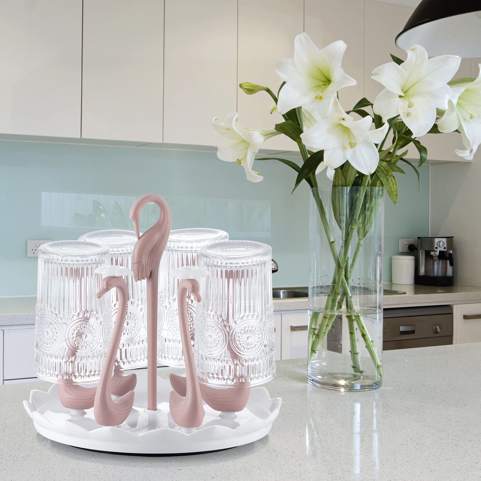 MOLIGOU Cup Drying Rack, Mug Dryer Rack with Drip Tray, Rotating Bottle Drying Stand Holder for Kitchen Counter, 6 Holders (Pink Swan)