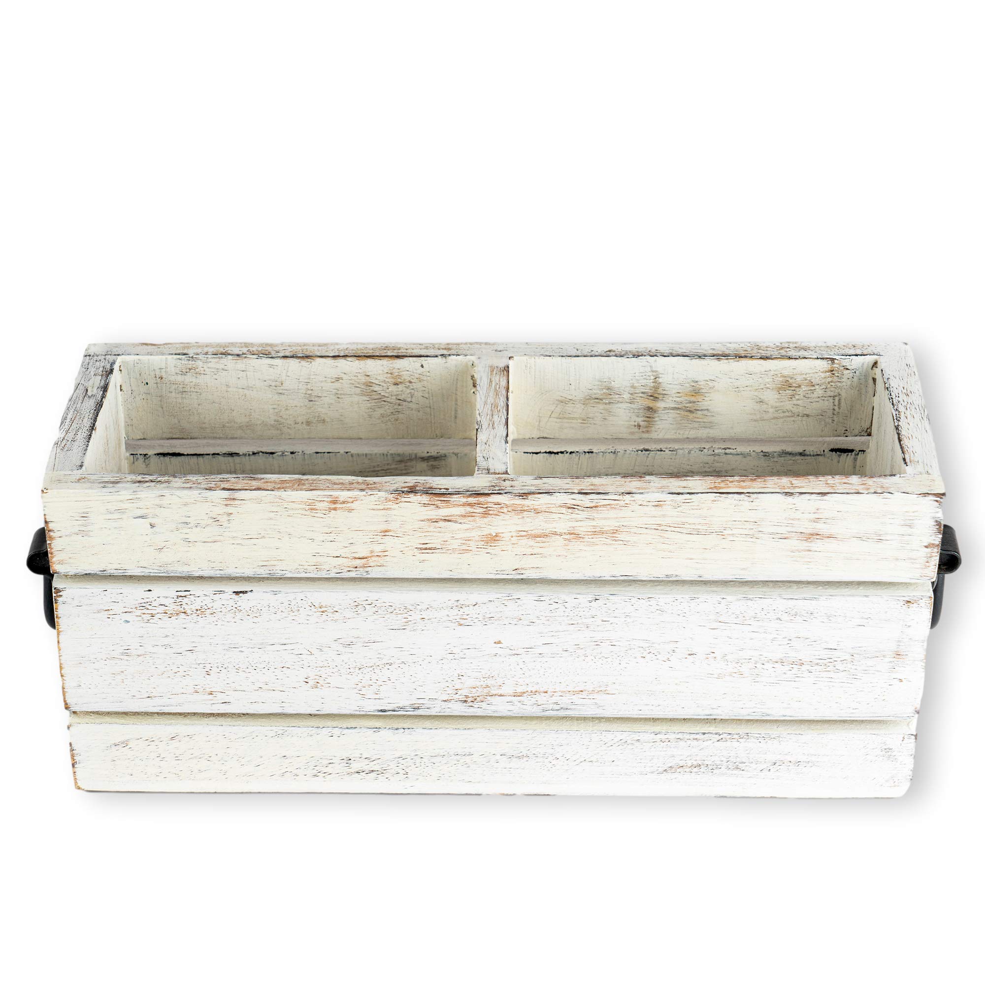 GoCraft 2 Compartment Flatware Caddy with Metal Handles, Cutlery Holder, Multipurpose Desk Organizer for Office Supplies, Remote Controllers, Makeup Brushes, Vanity, Nightstand | Rustic White Finish