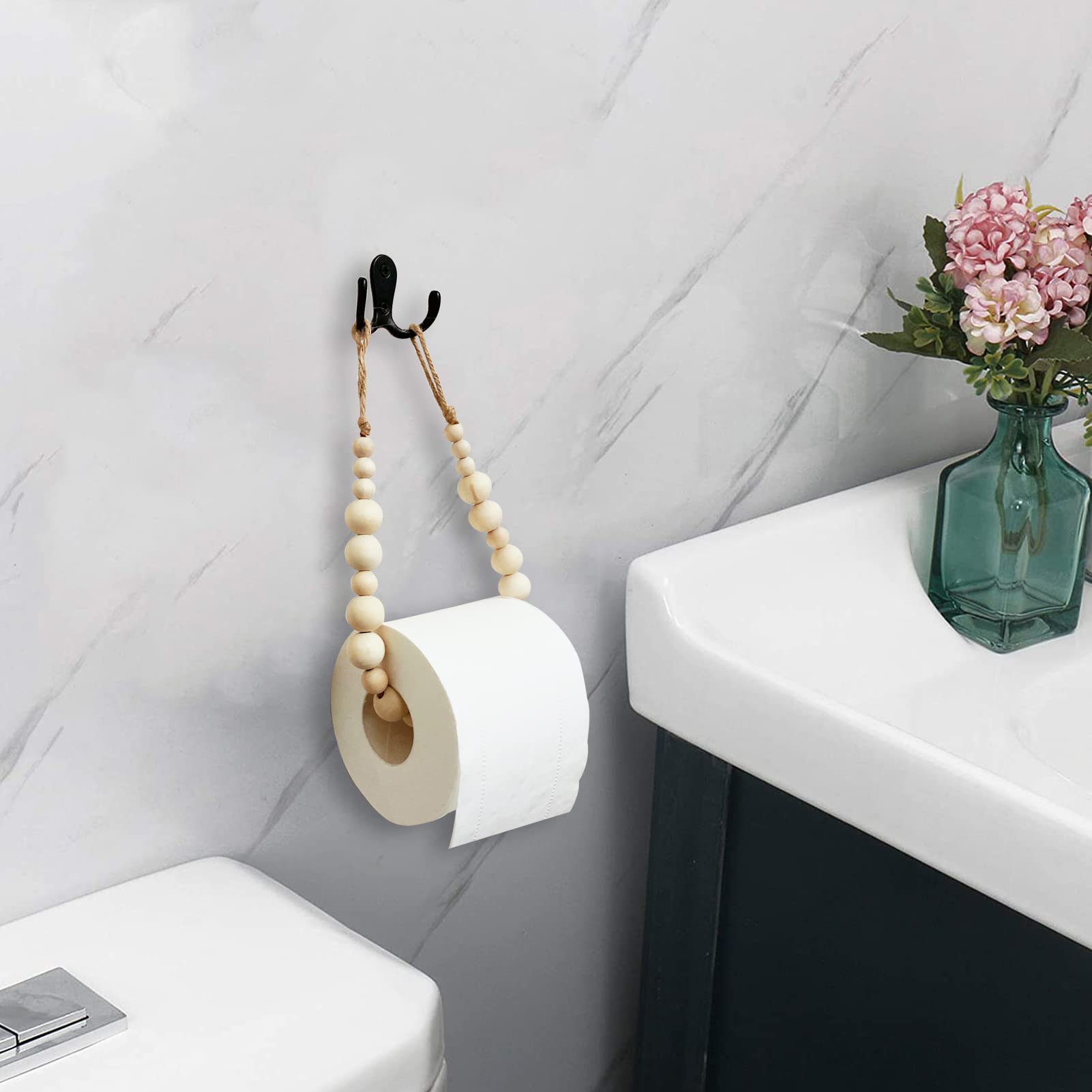 Eaferm Farmhouse Wooden Beads Toilet Paper Holder, Natural Wood Beaded Paper Towel Roll Holder Tissue Hanger, Bathroom Wall Decor Rustic Boho Decorations