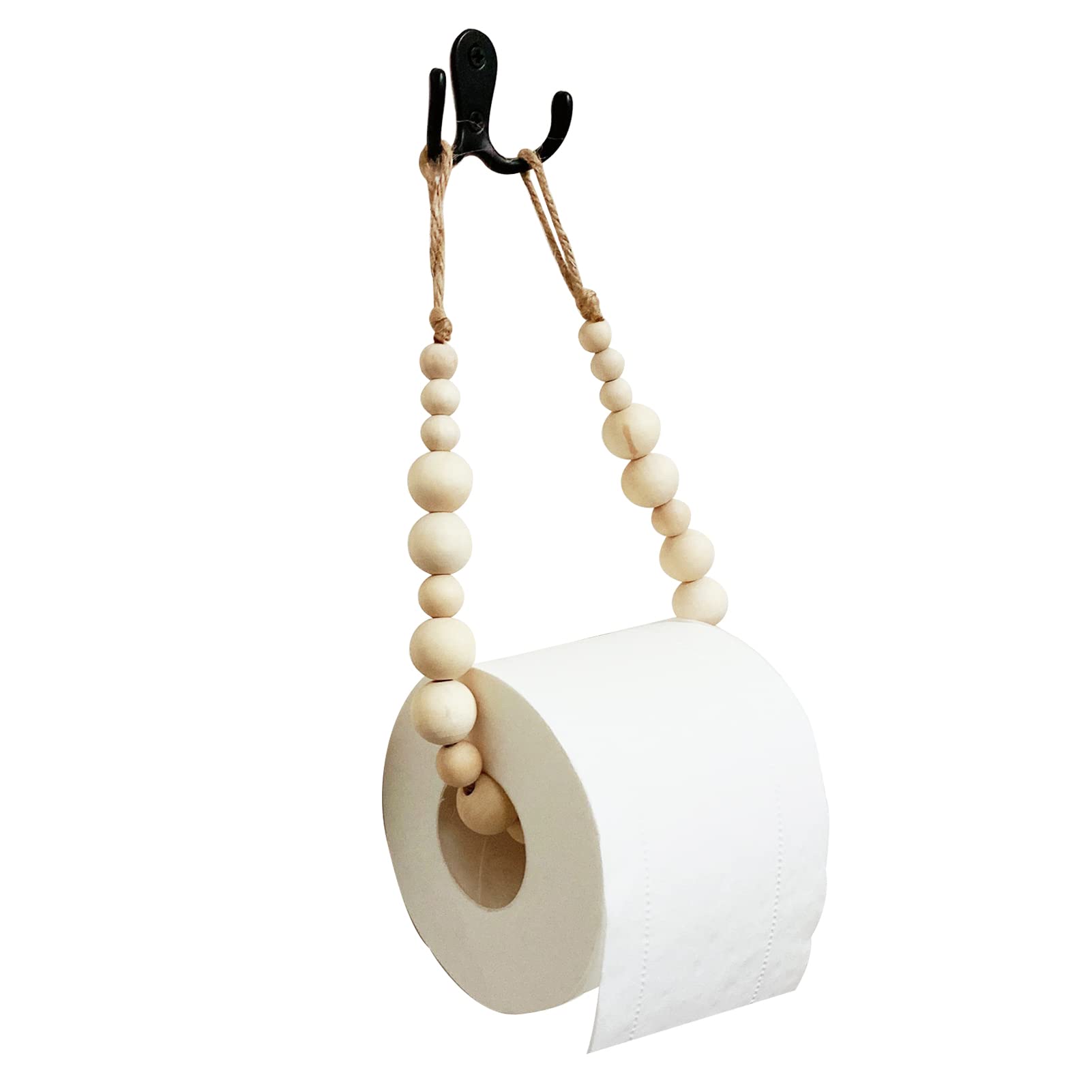 Eaferm Farmhouse Wooden Beads Toilet Paper Holder, Natural Wood Beaded Paper Towel Roll Holder Tissue Hanger, Bathroom Wall Decor Rustic Boho Decorations