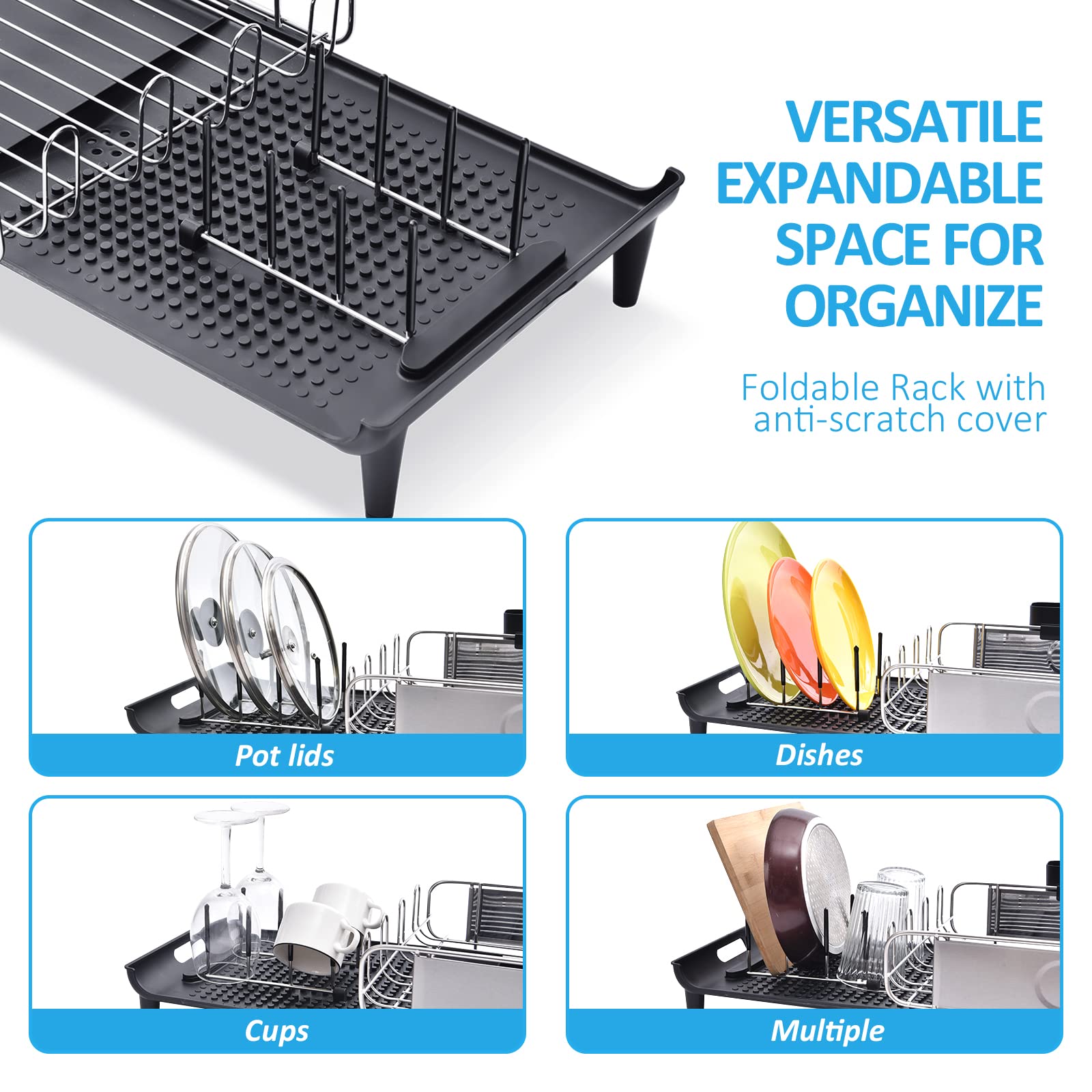 TOOLF Dish Drying Rack, Stainless Steel Dish Rack, Expandable(14.5"-25.3") Dish Drainer Rack and Utility Drainboard Set with Foldable Rack, Utensil Holder Cups Holder for Countertop, 1 Piece Black