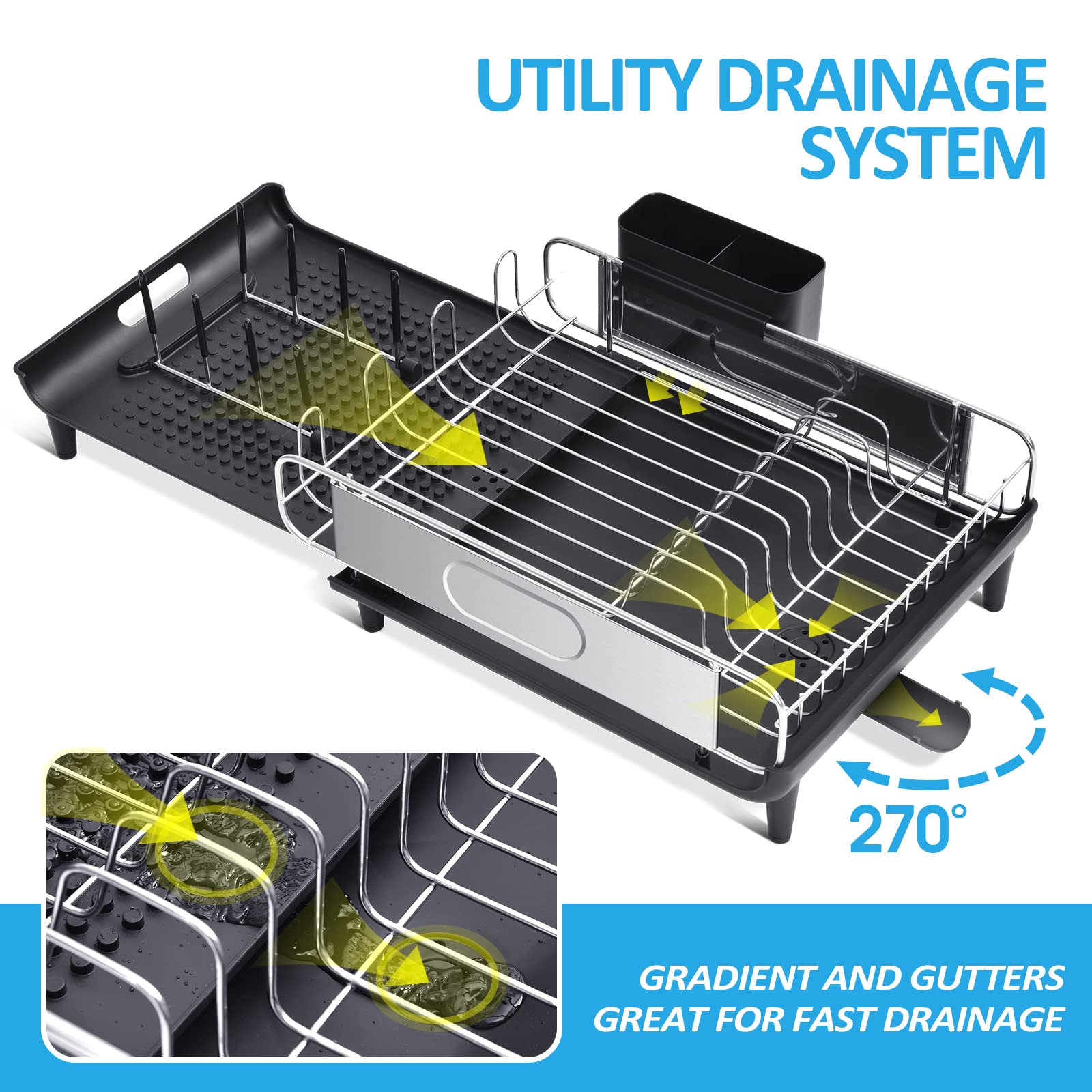 TOOLF Dish Drying Rack, Stainless Steel Dish Rack, Expandable(14.5"-25.3") Dish Drainer Rack and Utility Drainboard Set with Foldable Rack, Utensil Holder Cups Holder for Countertop, 1 Piece Black