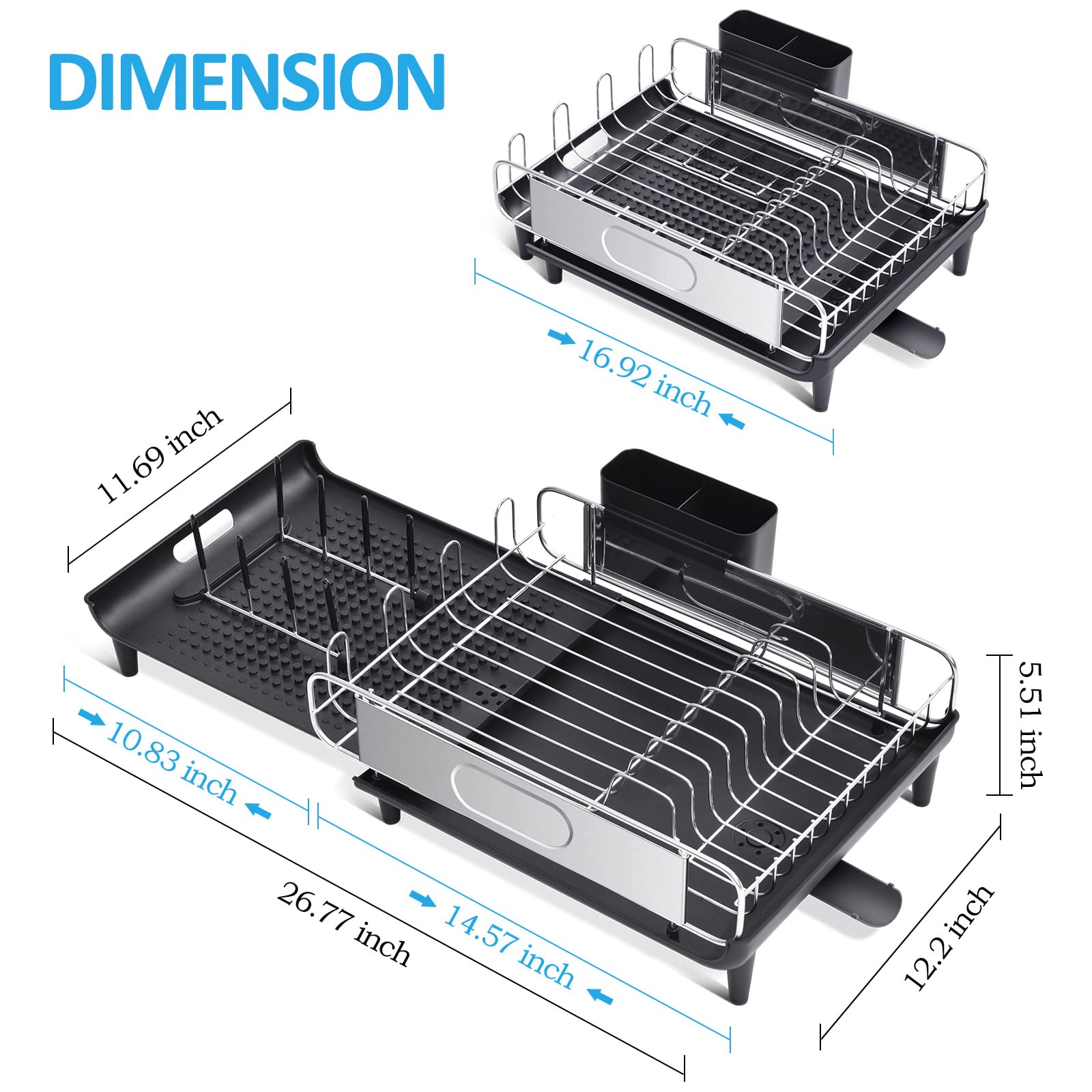 TOOLF Dish Drying Rack, Stainless Steel Dish Rack, Expandable(14.5"-25.3") Dish Drainer Rack and Utility Drainboard Set with Foldable Rack, Utensil Holder Cups Holder for Countertop, 1 Piece Black