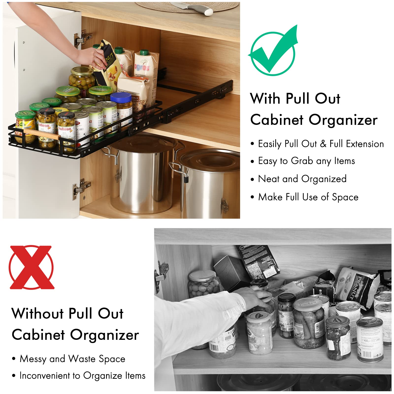 KES Food Container Lid Organizer and Food Container Organizer, 2 Tier Pull Out Cabinet Organizer, Silding Plastic Container Organizer Lid Storage Chrome, KPO506W36D53-CH